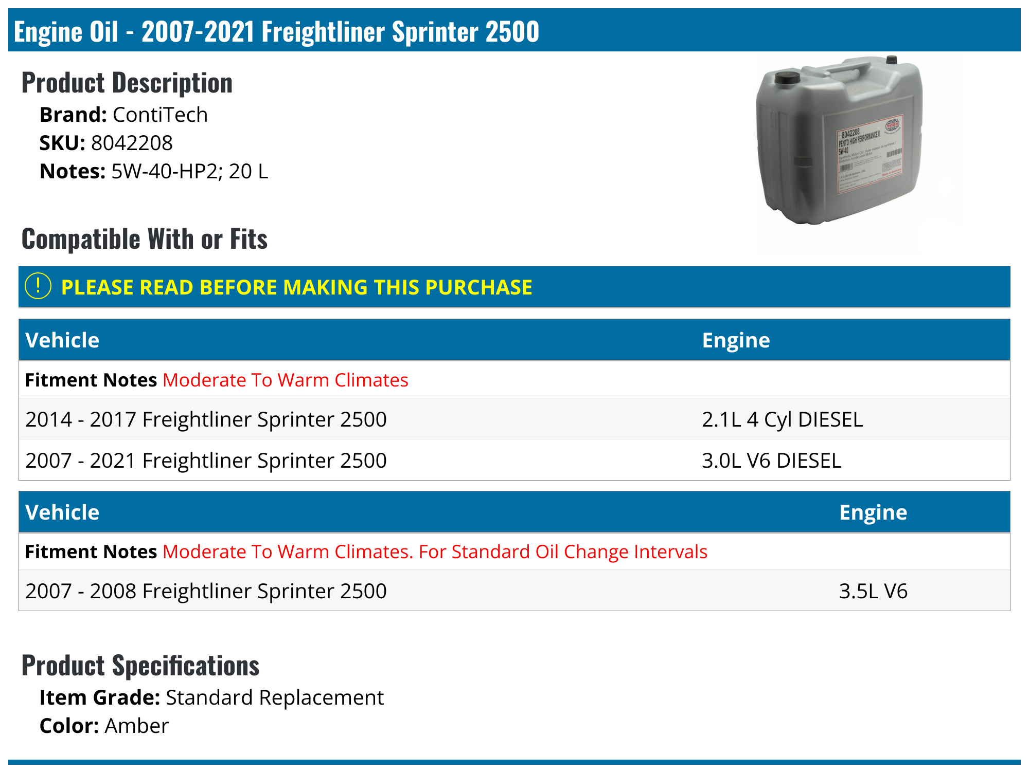 2007-2021 Freightliner Sprinter 2500 Engine Oil - ContiTech 8042208 ...