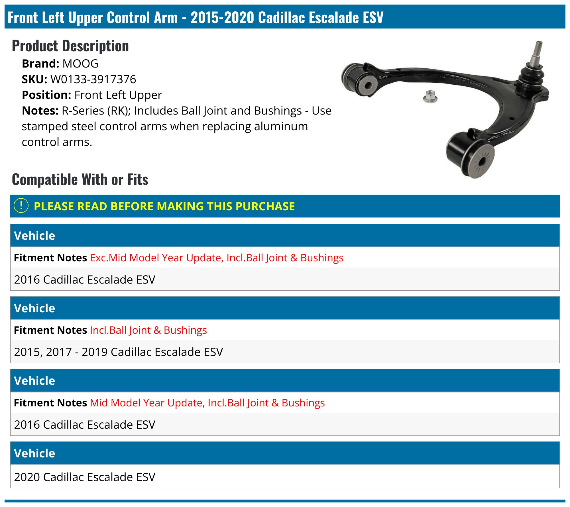 2015-2020 Cadillac Escalade ESV Control Arm - Moog W0133-3917376 ...