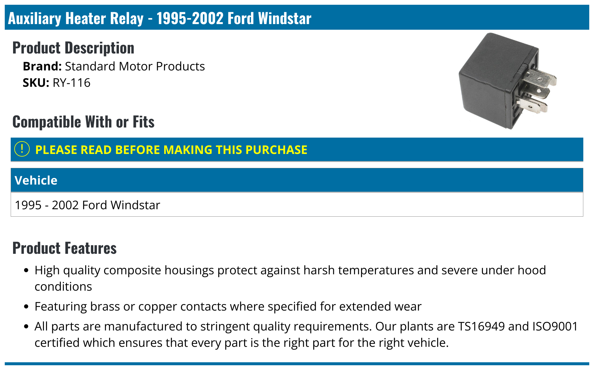 1995-2002 Ford Windstar Auxiliary Heater Relay - Standard Motor ...