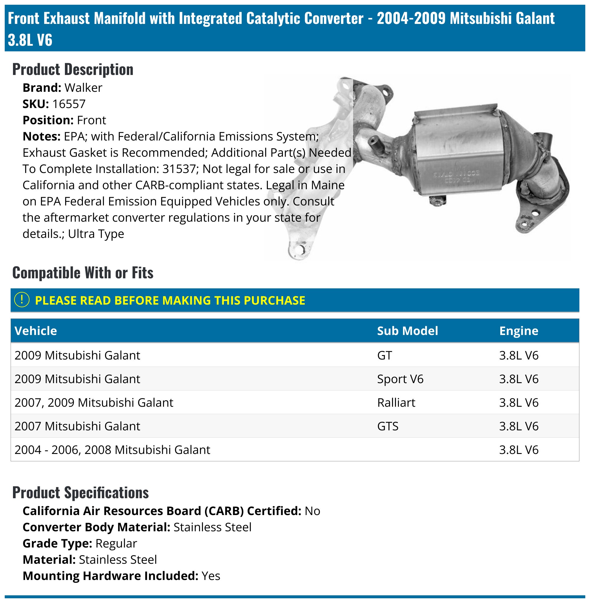 2004-2009 Mitsubishi Galant Catalytic Converter - Walker 16557 - Front ...