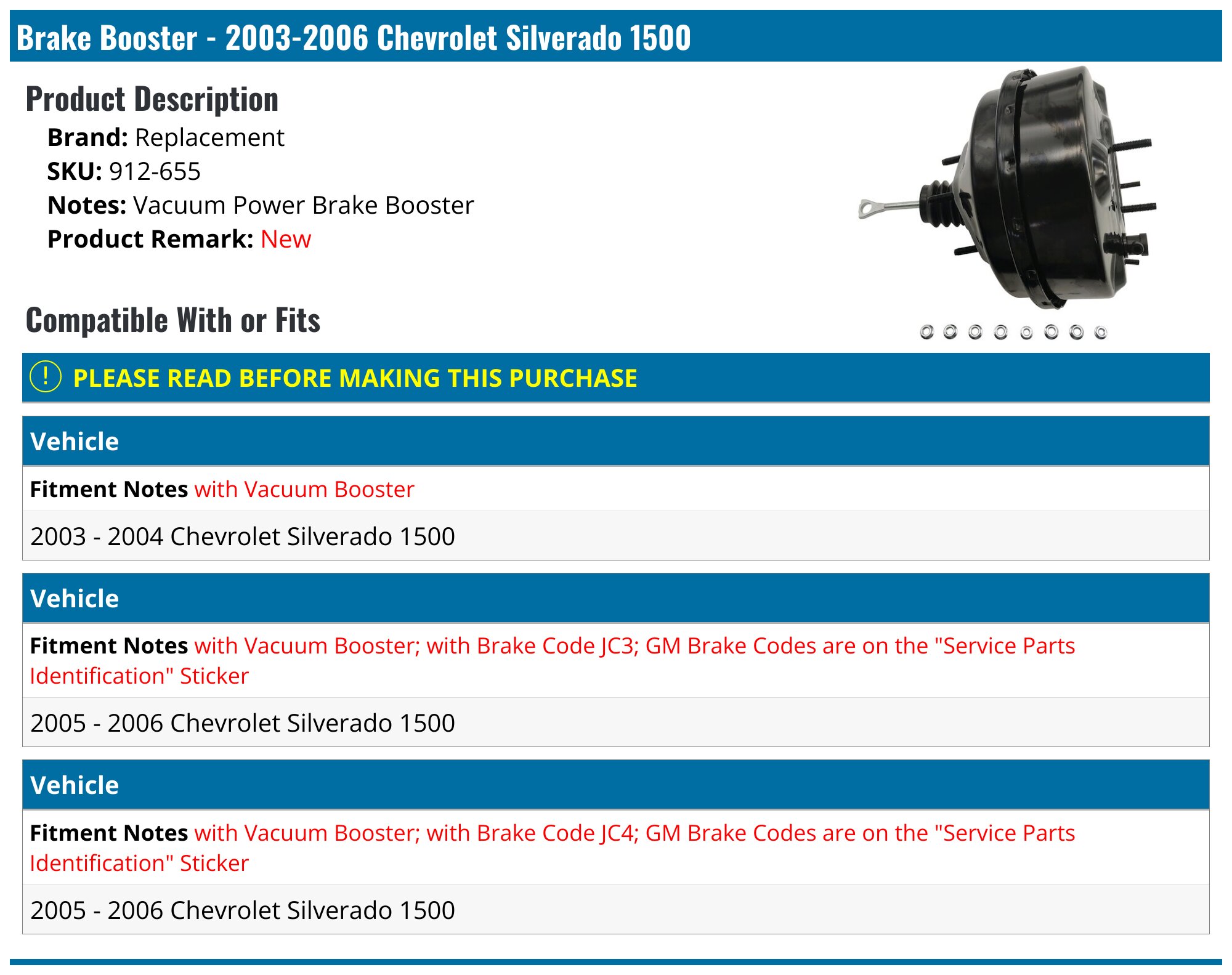 2003-2006 Chevrolet Silverado 1500 Brake Booster - Replacement 912-655 ...