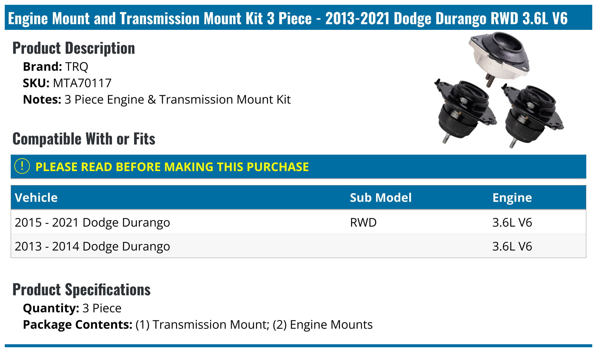 2013-2021 Dodge Durango Engine Mount - TRQ MTA70117 - PartsGeek.com