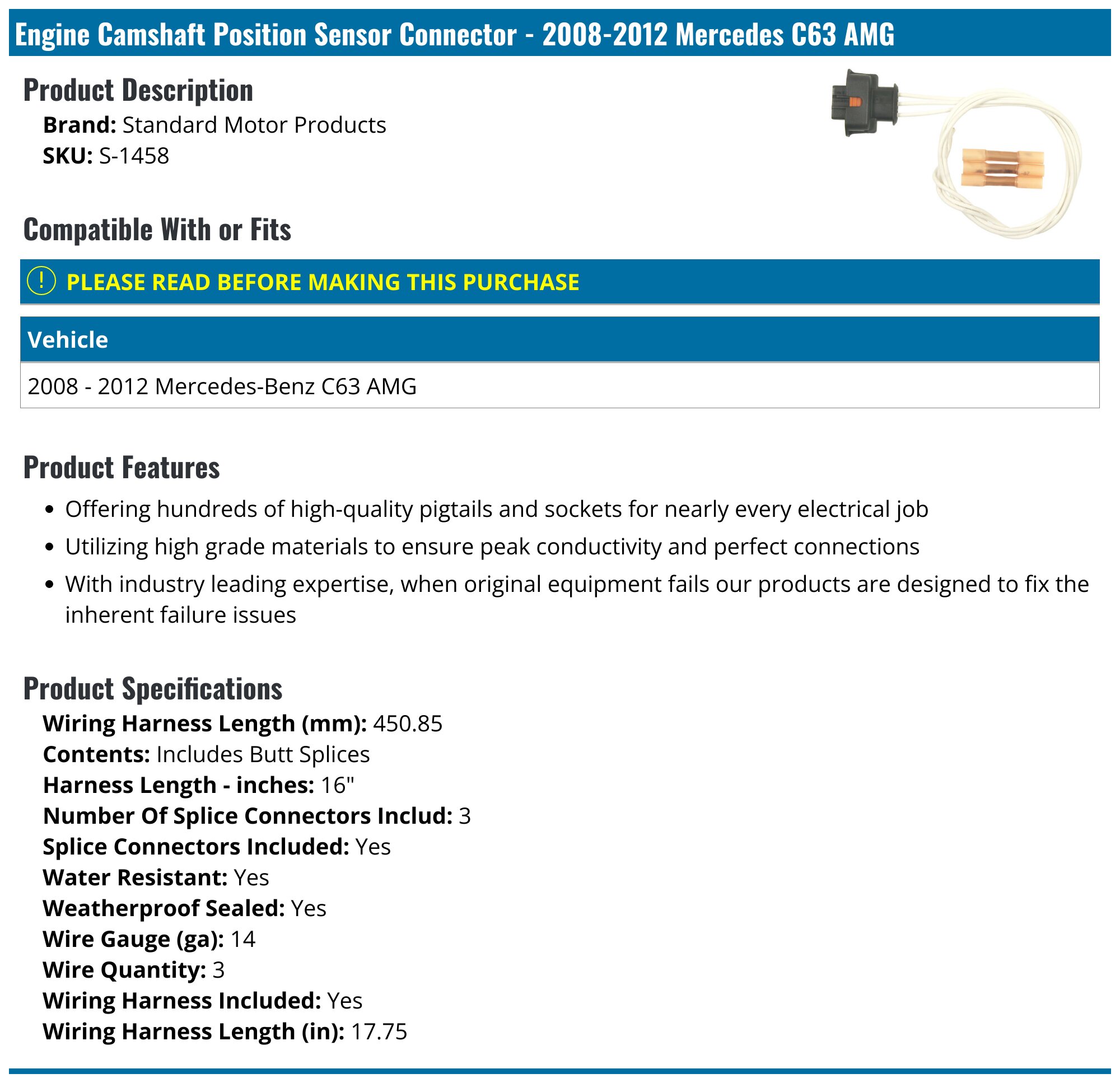 2008-2012 Mercedes C63 AMG Engine Camshaft Position Sensor Connector ...