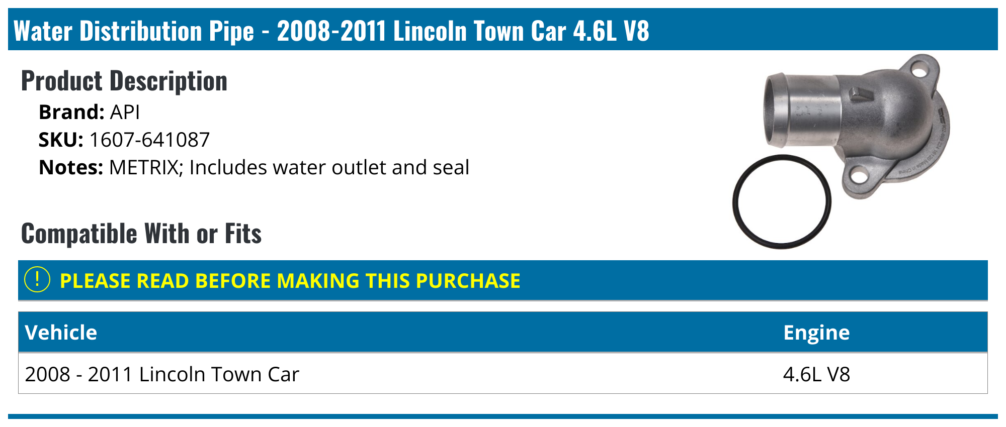 2008-2011 Lincoln Town Car Water Distribution Pipe - API 30134-07919902 ...