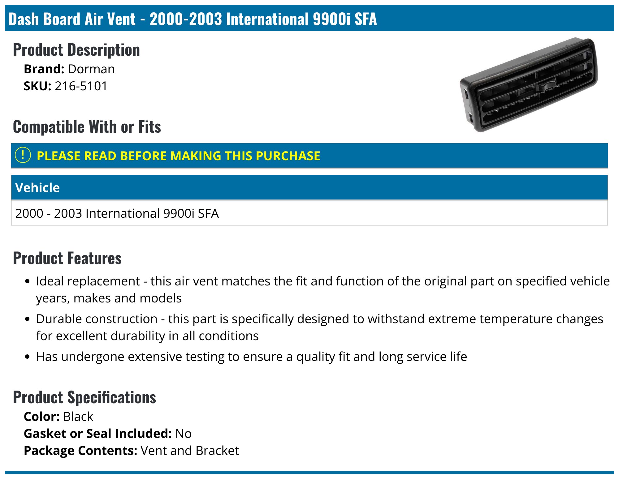 2000-2003 International 9900i SFA Dash Board Air Vent - Dorman 216-5101 ...