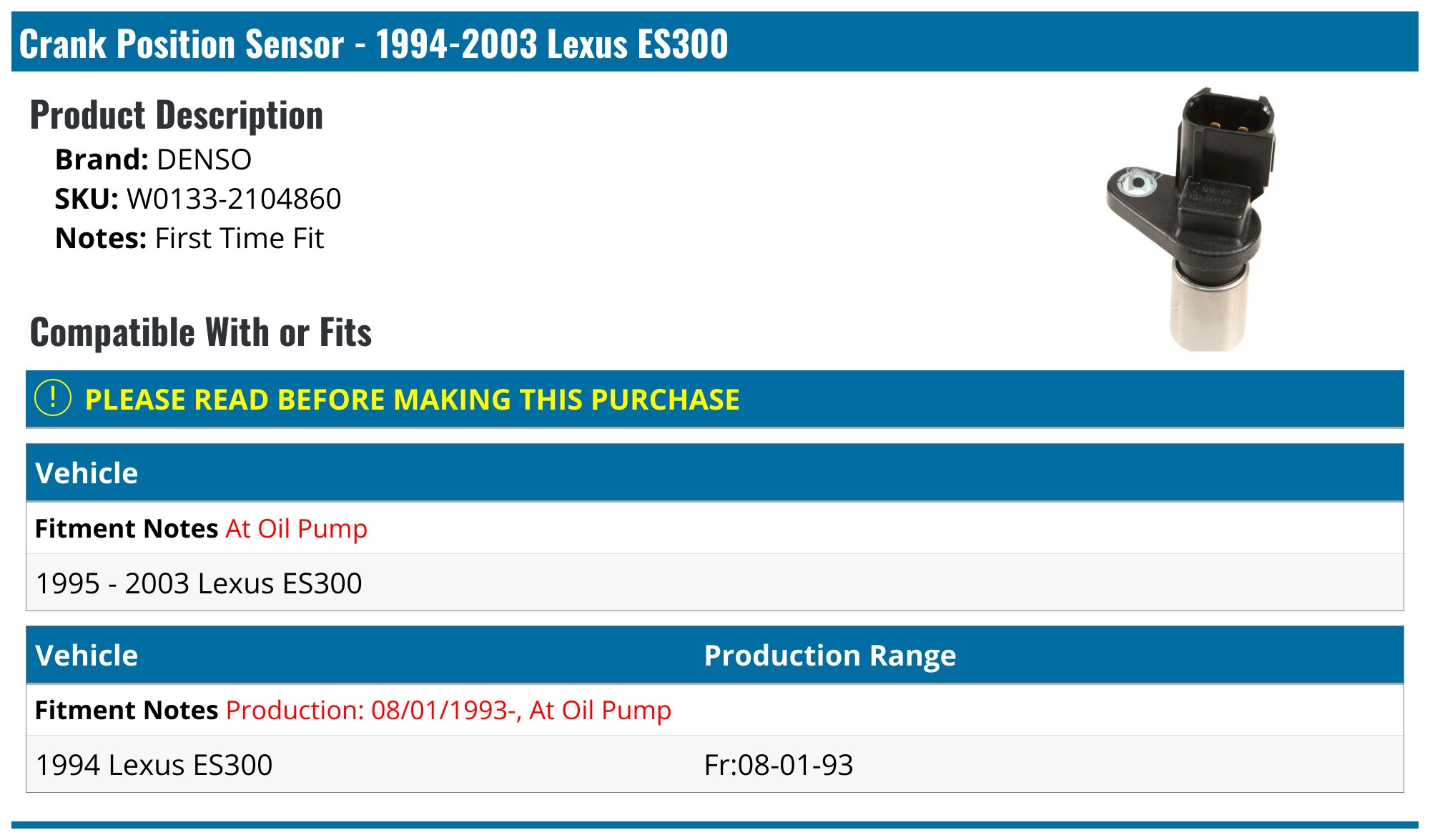 1994-2003 Lexus ES300 Crank Position Sensor - Denso W0133-2104860 ...