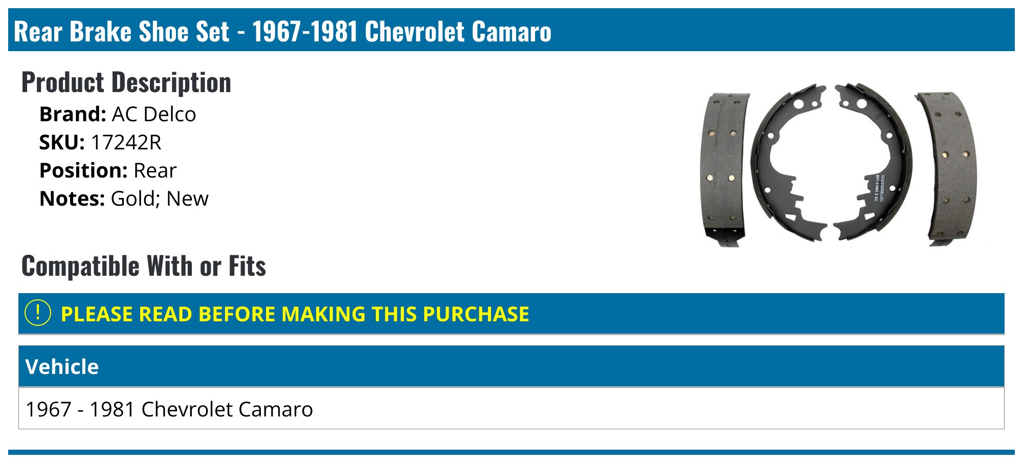 1967-1981 Chevrolet Camaro Brake Shoe Set - AC Delco 17242R - Rear ...