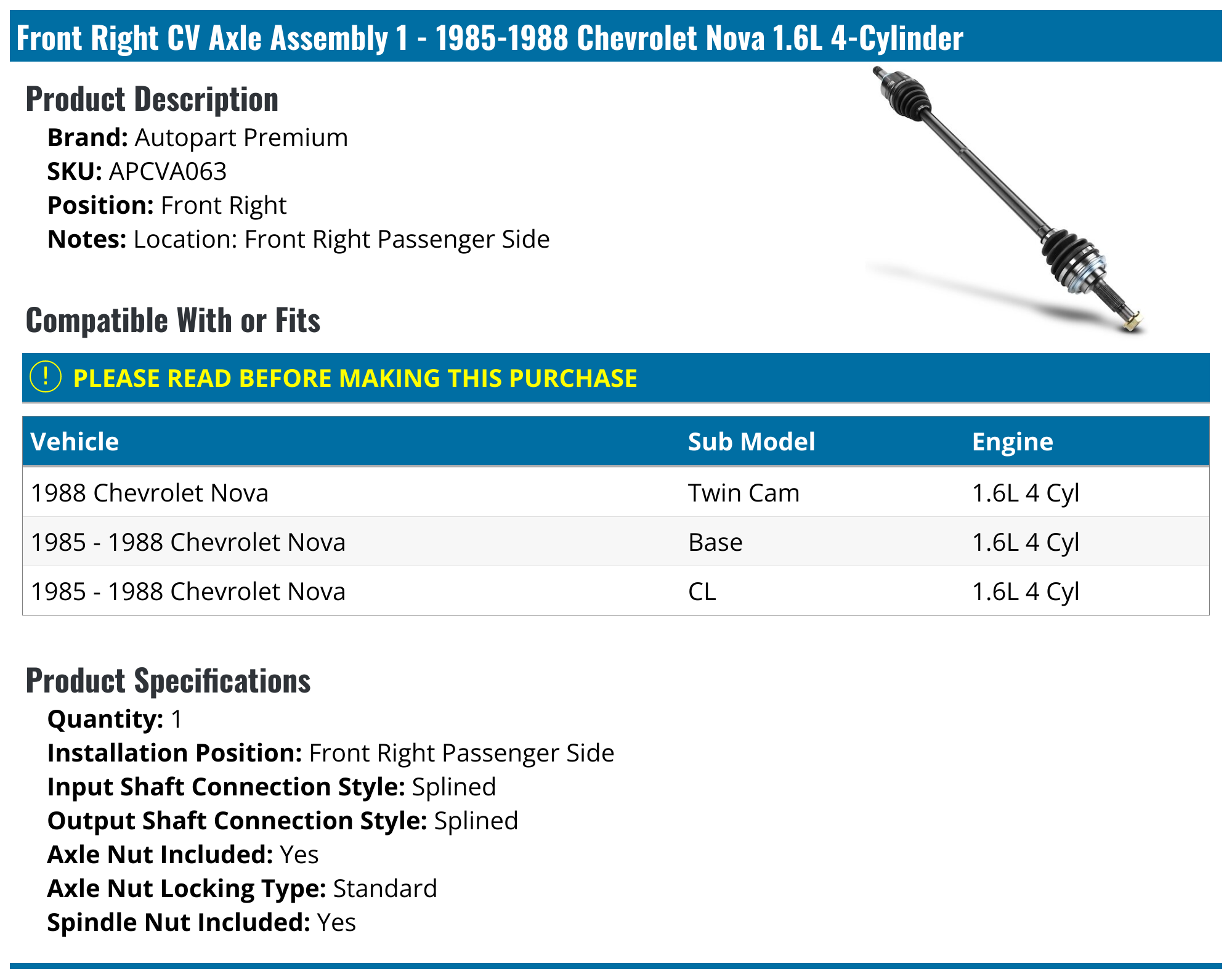 1985-1988 Chevrolet Nova Axle Assembly - Autopart Premium APCVA063 ...