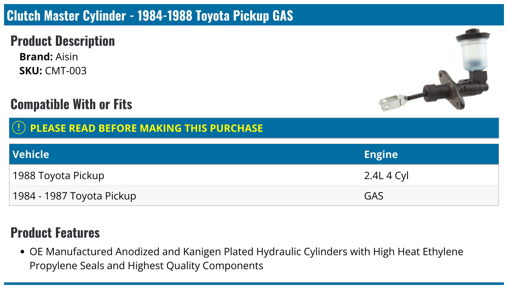 1984-1988 Toyota Pickup Clutch Master Cylinder - Aisin CMT-003 ...