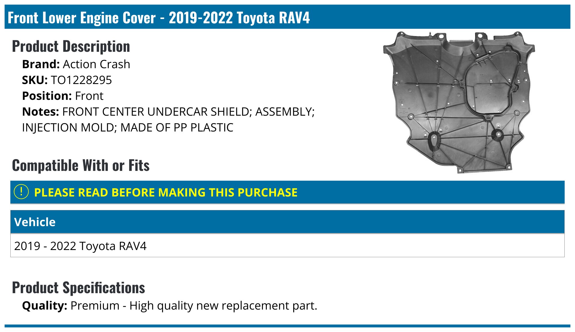 2019-2020, 2022-2025 Toyota RAV4 Lower Engine Cover - Action Crash ...