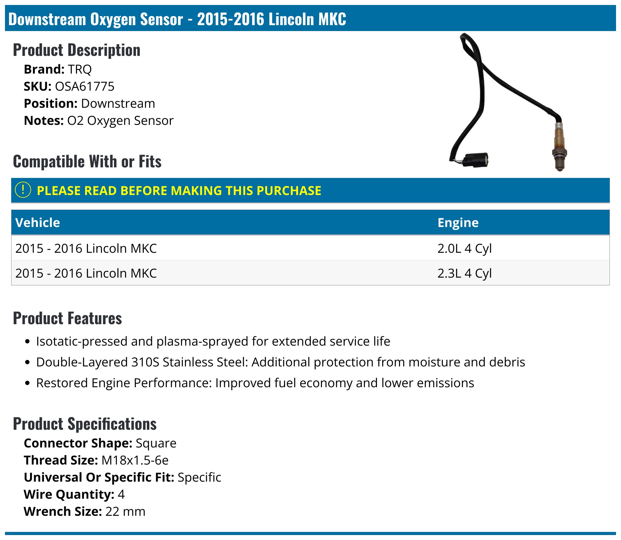 2015-2016 Lincoln MKC Oxygen Sensor - TRQ OSA61775 - Downstream ...