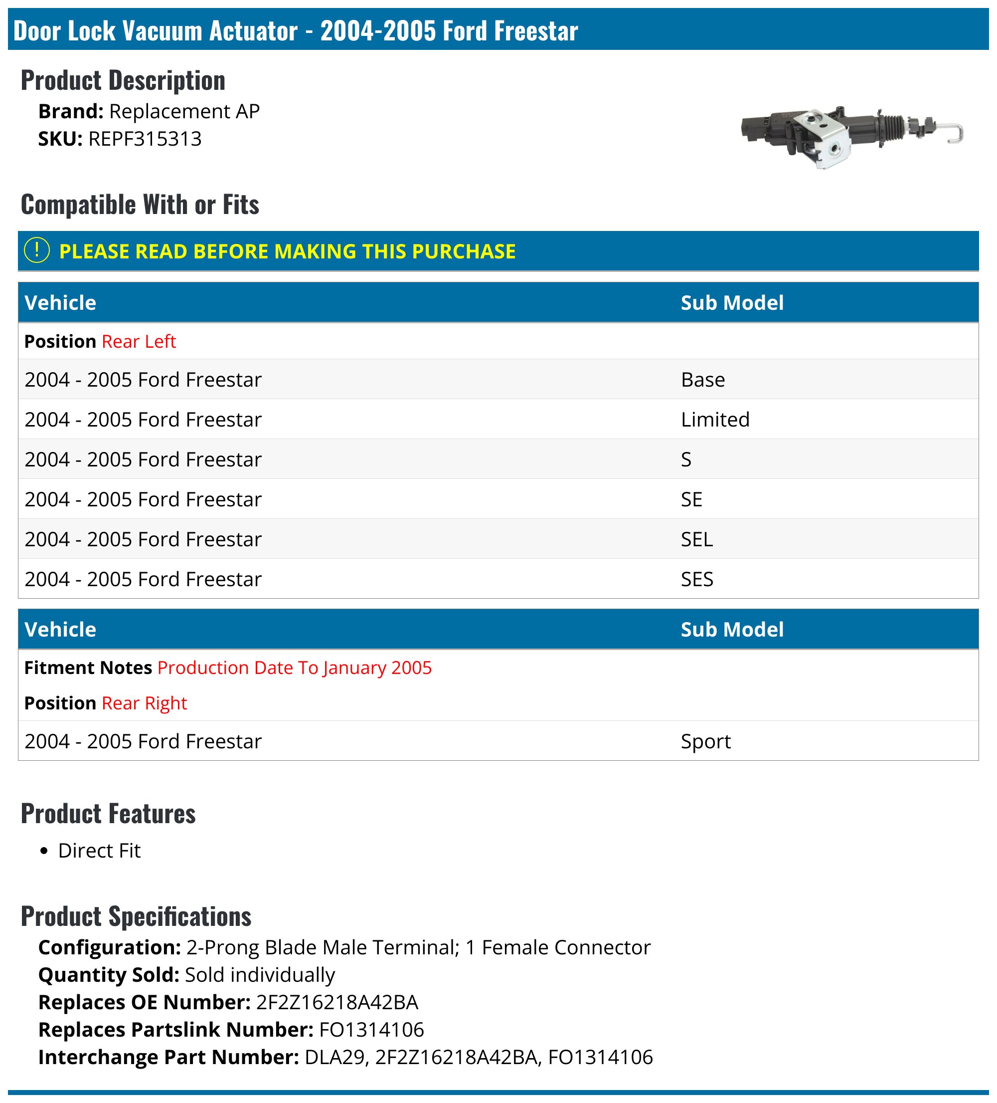 2004-2005 Ford Freestar Door Lock Vacuum Actuator - Replacement AP ...