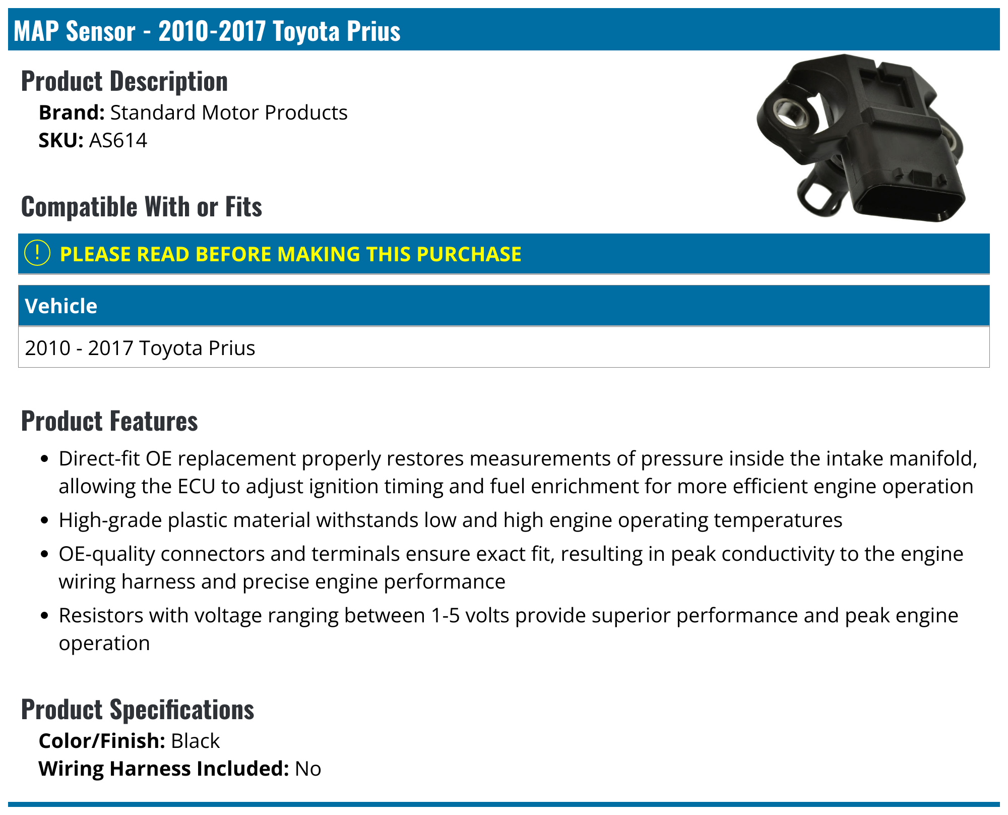 2010-2017 Toyota Prius MAP Sensor - Standard Motor Products AS614 ...