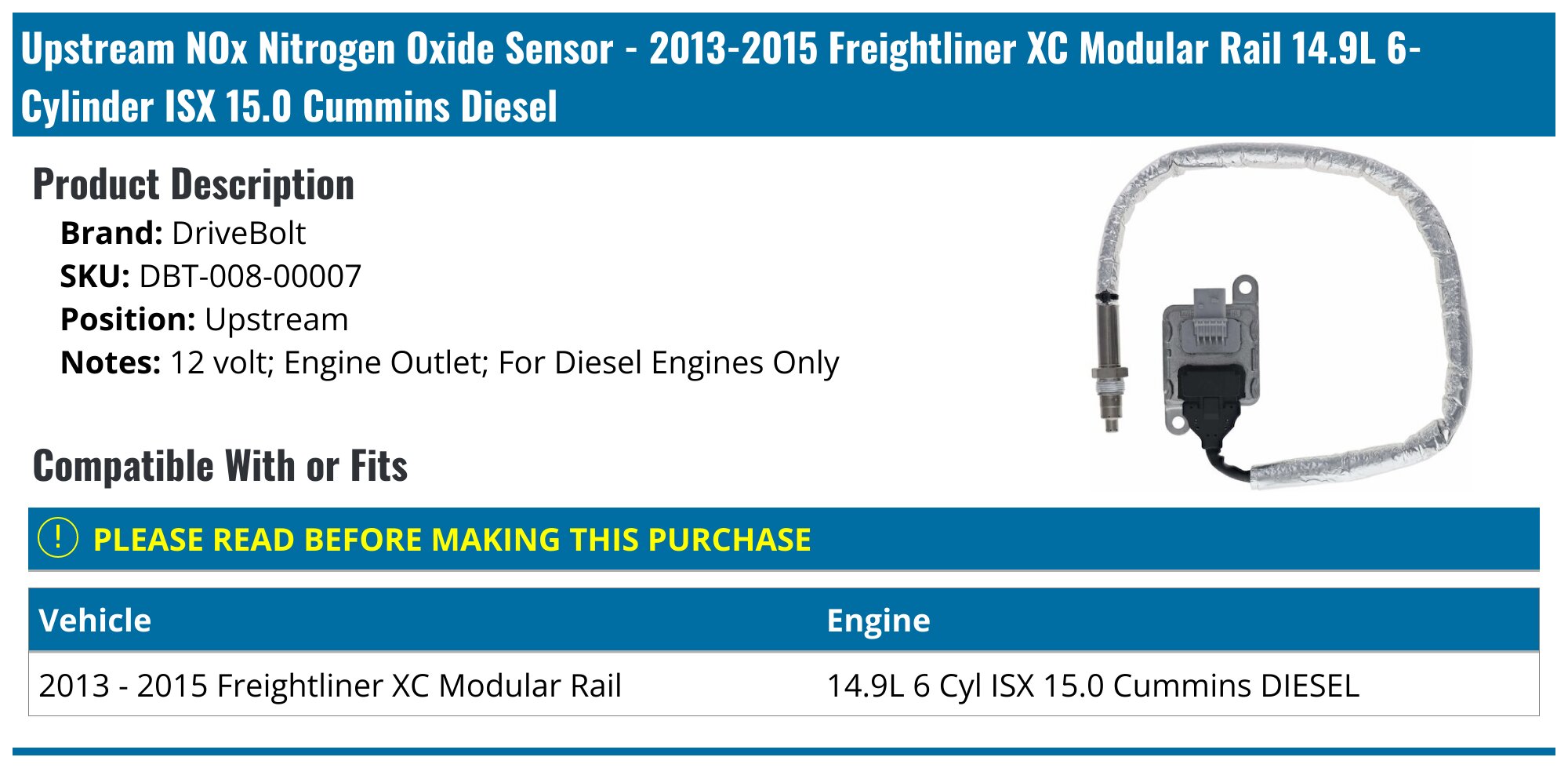 2013-2015 Freightliner XC Modular Rail Nitrogen Oxide Sensor ...