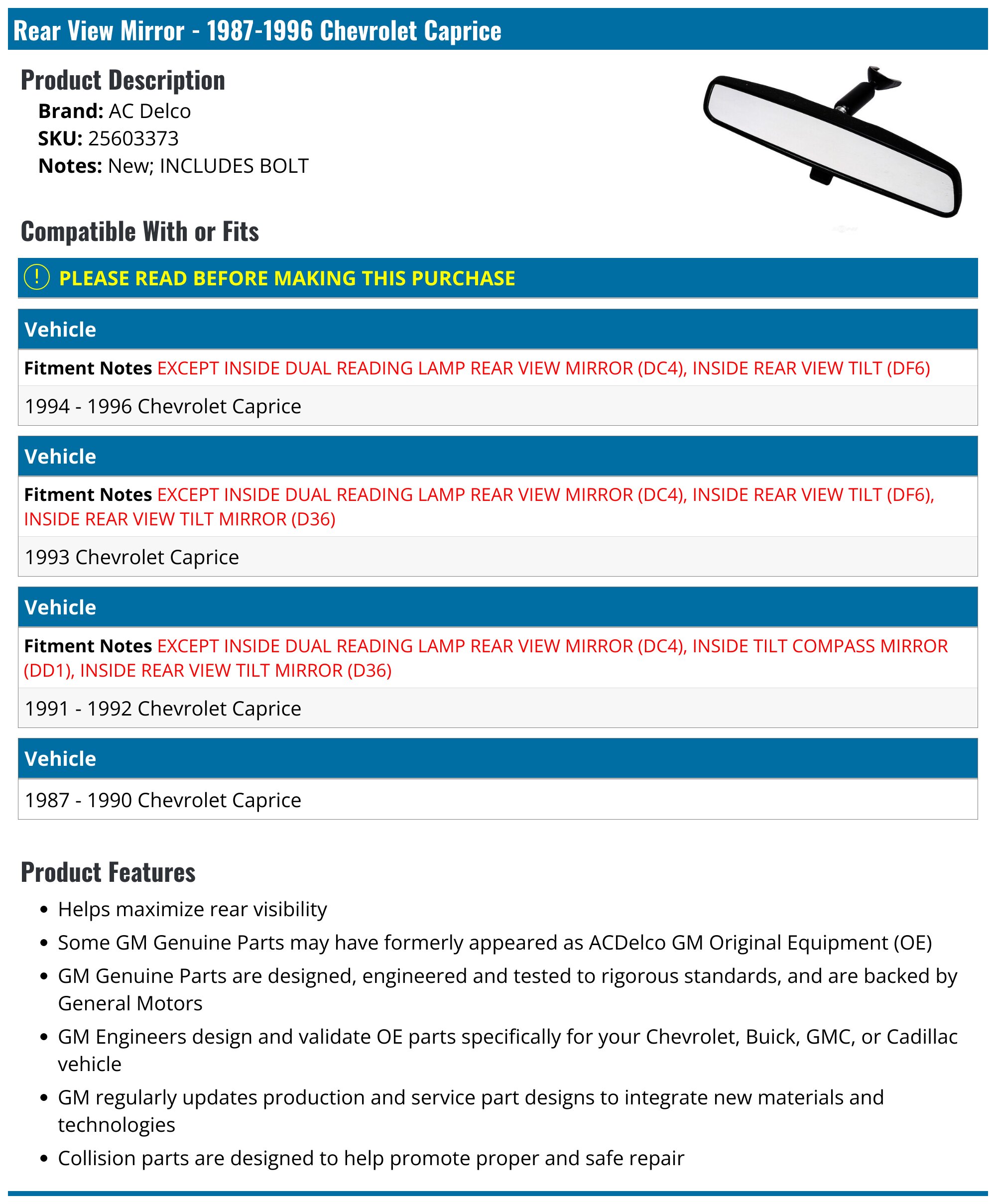 1987-1996 Chevrolet Caprice Rear View Mirror - AC Delco 25603373 ...
