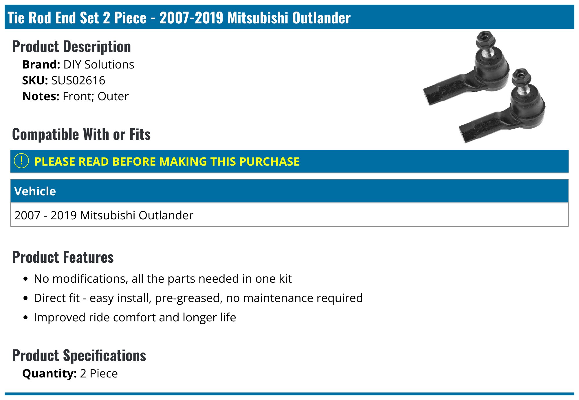 2007-2019 Mitsubishi Outlander Tie Rod End - DIY Solutions SUS02616 ...
