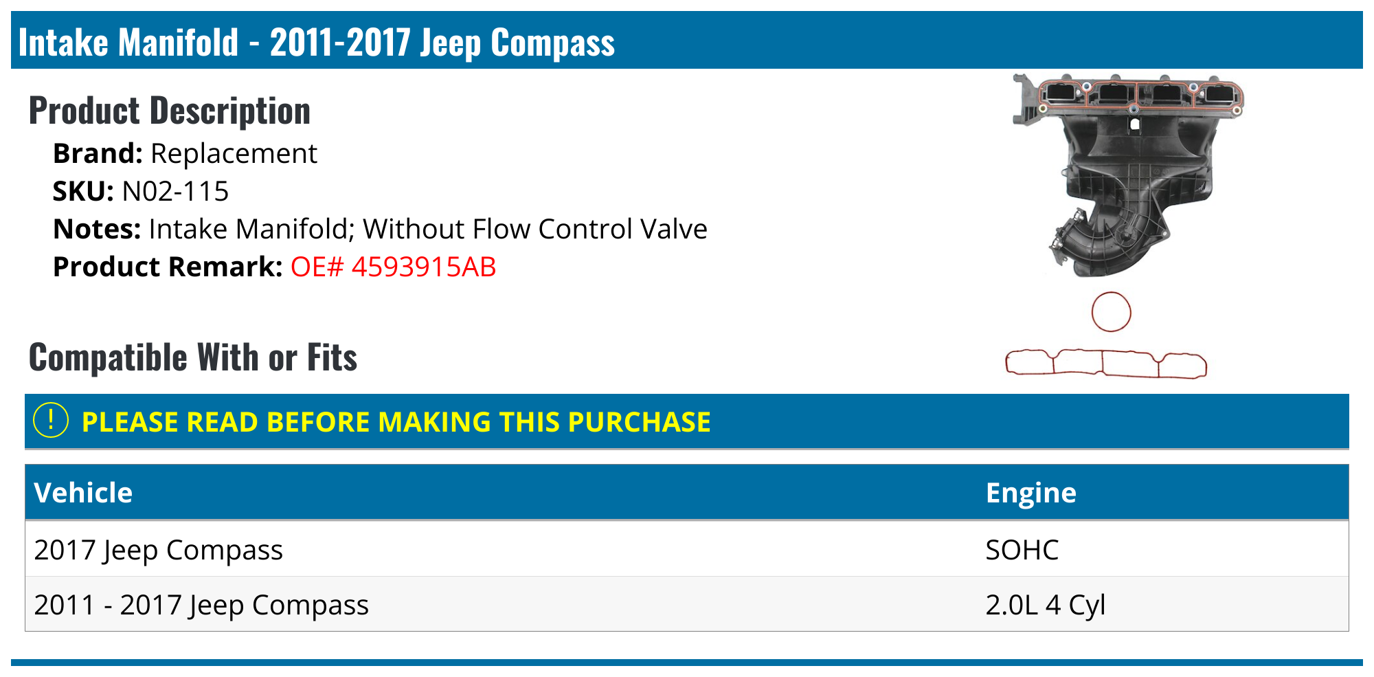 2011-2017 Jeep Compass Intake Manifold - Replacement N02-115 ...