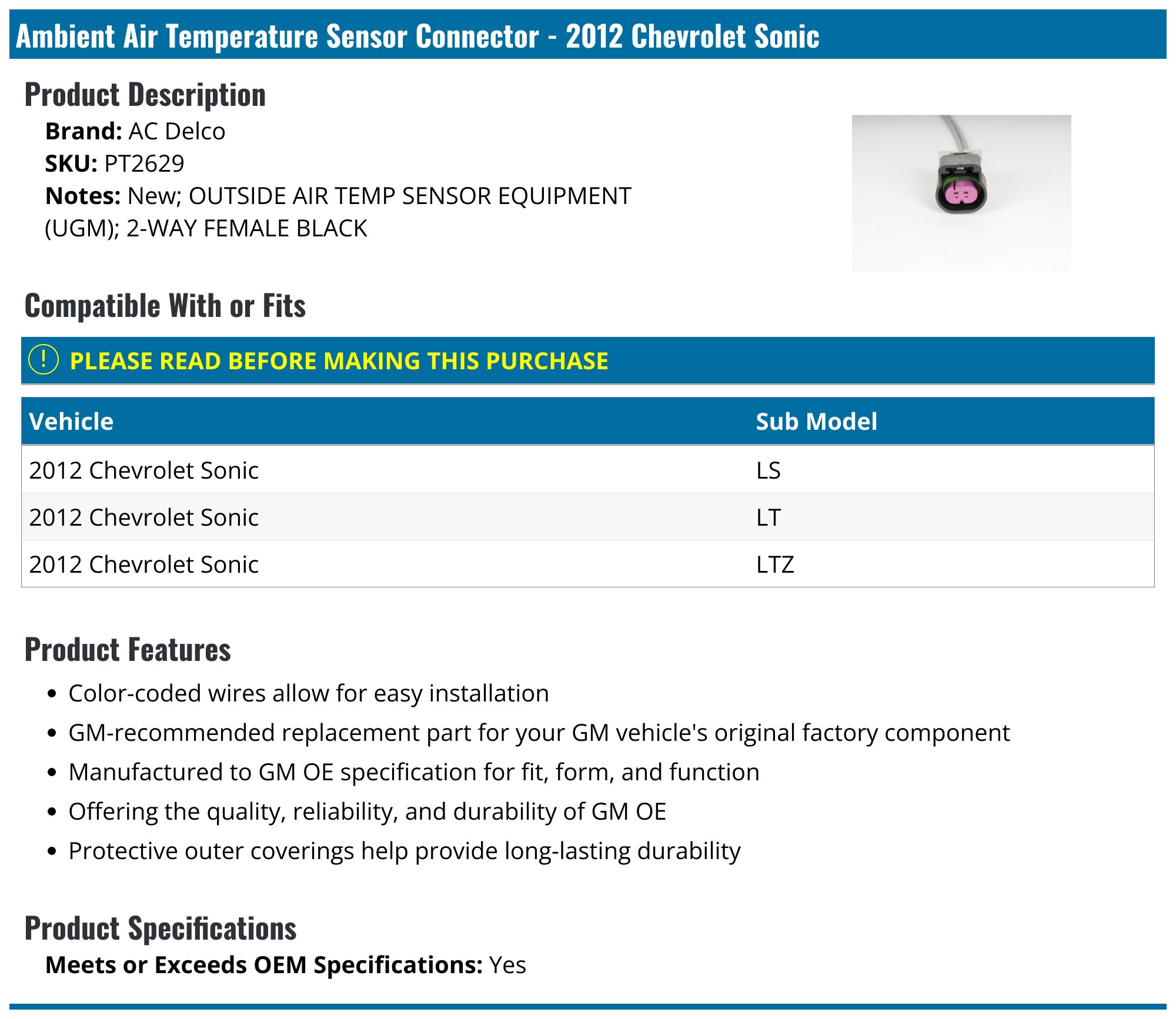 2012 Chevrolet Sonic Ambient Air Temperature Sensor Connector - AC ...