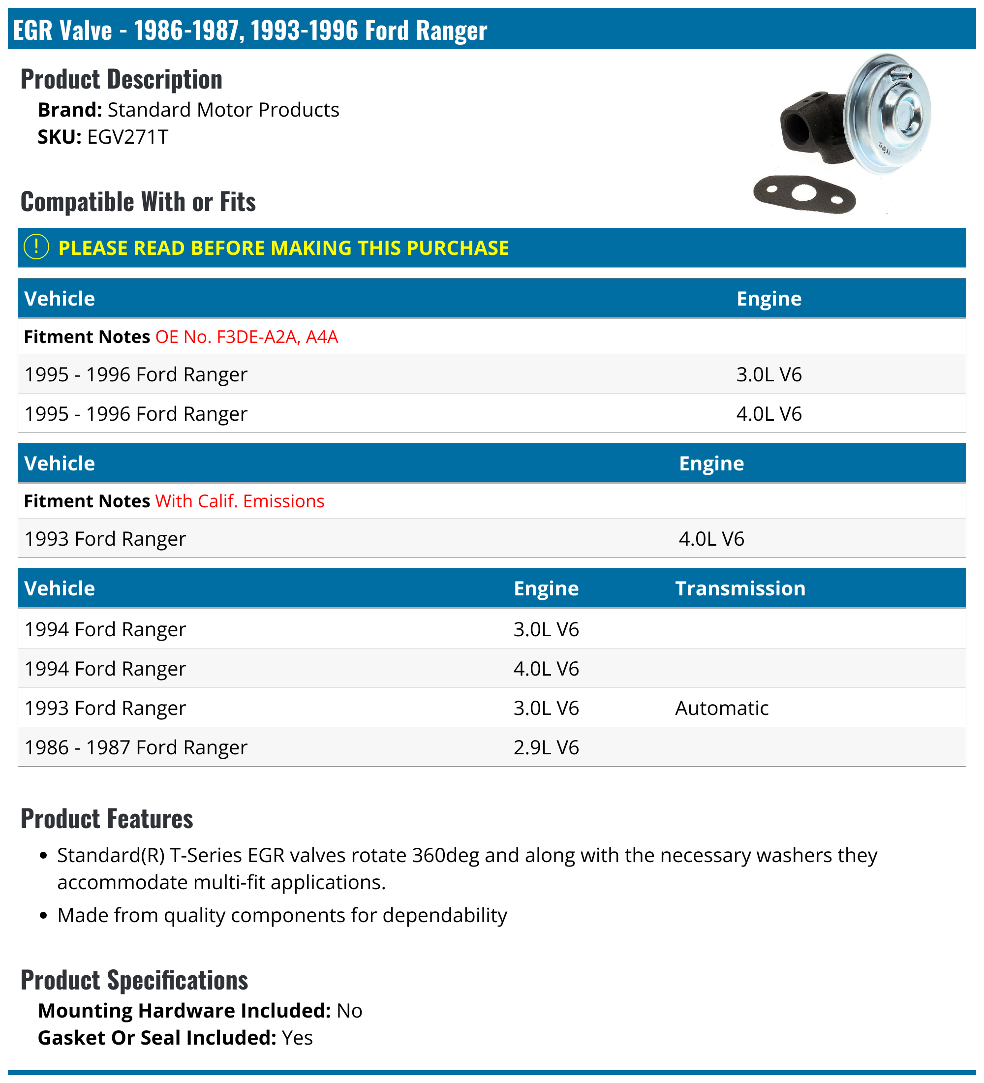 1986-1987, 1993-1996 Ford Ranger EGR Valve - Standard Motor Products ...