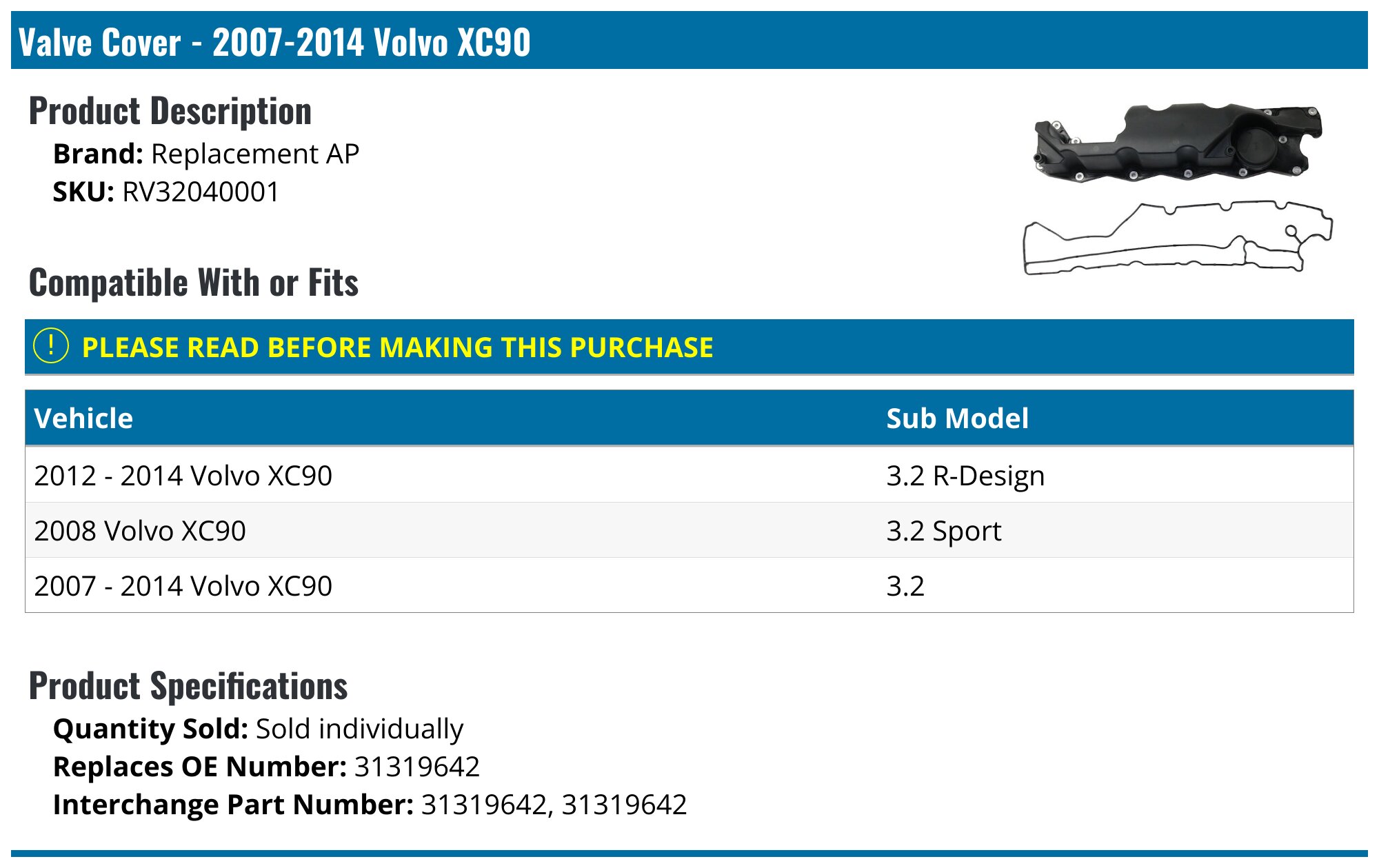 2007-2014 Volvo XC90 Valve Cover - Replacement AP RV32040001 ...