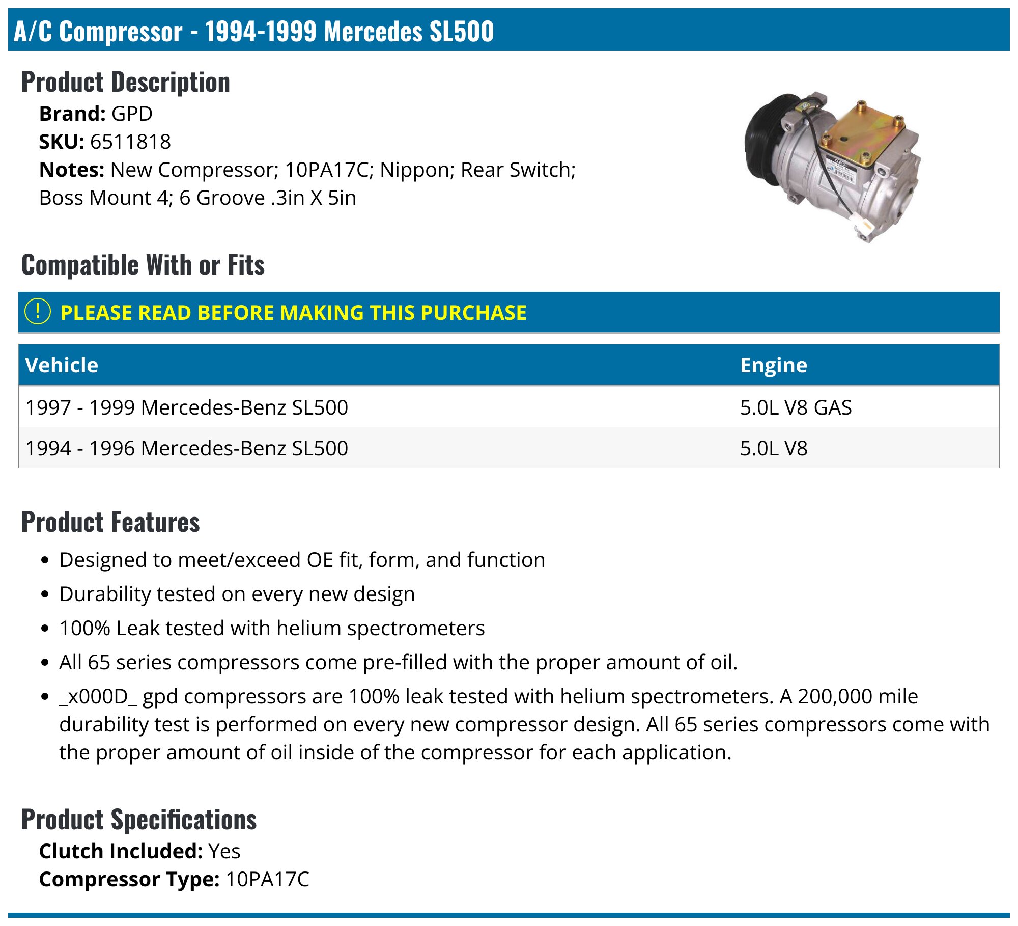 Mercedes SL500 AC Compressor - Air Conditioning - Autopart Premium ...