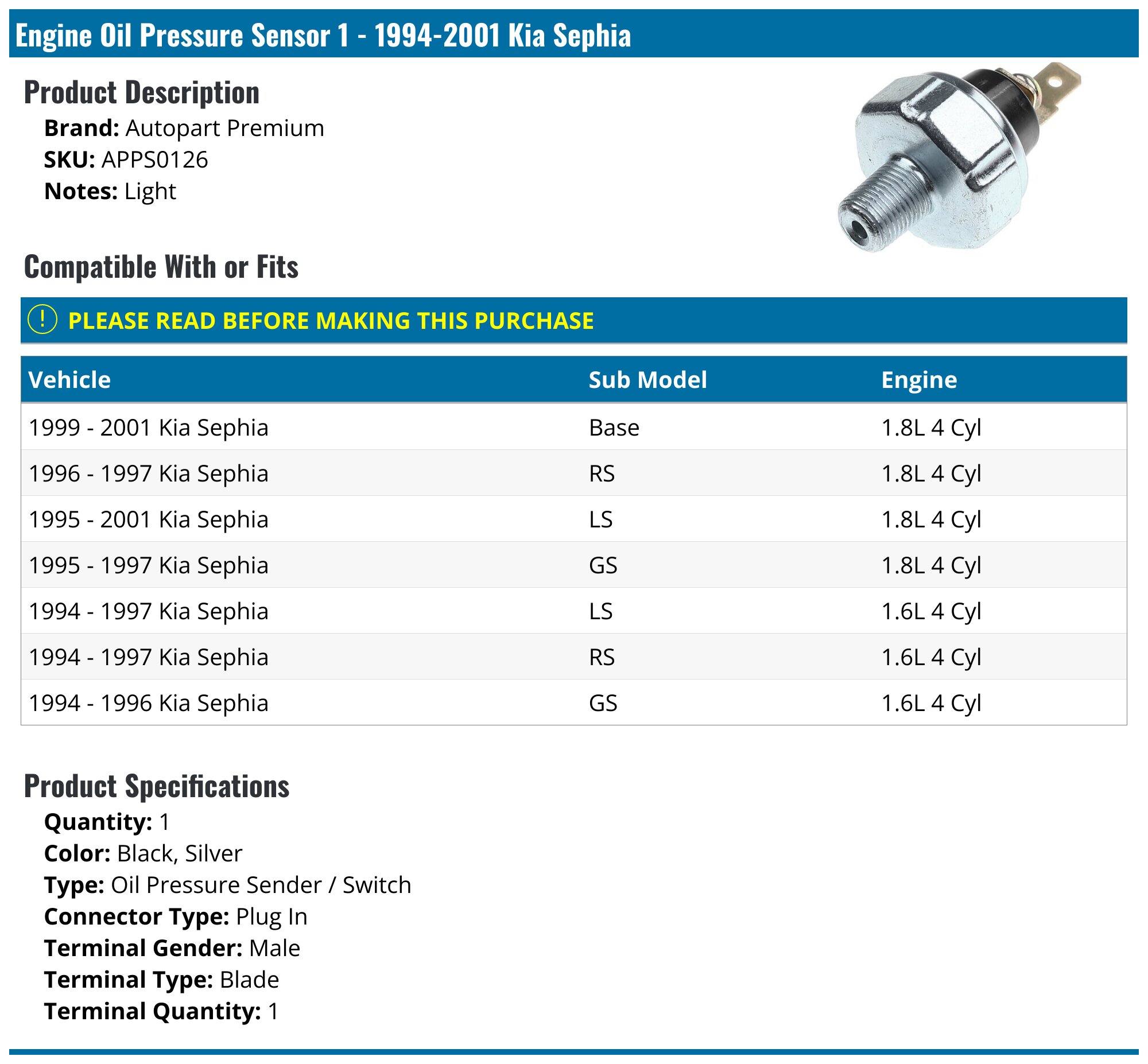 1994-2001 Kia Sephia Engine Oil Pressure Sensor - Autopart Premium ...