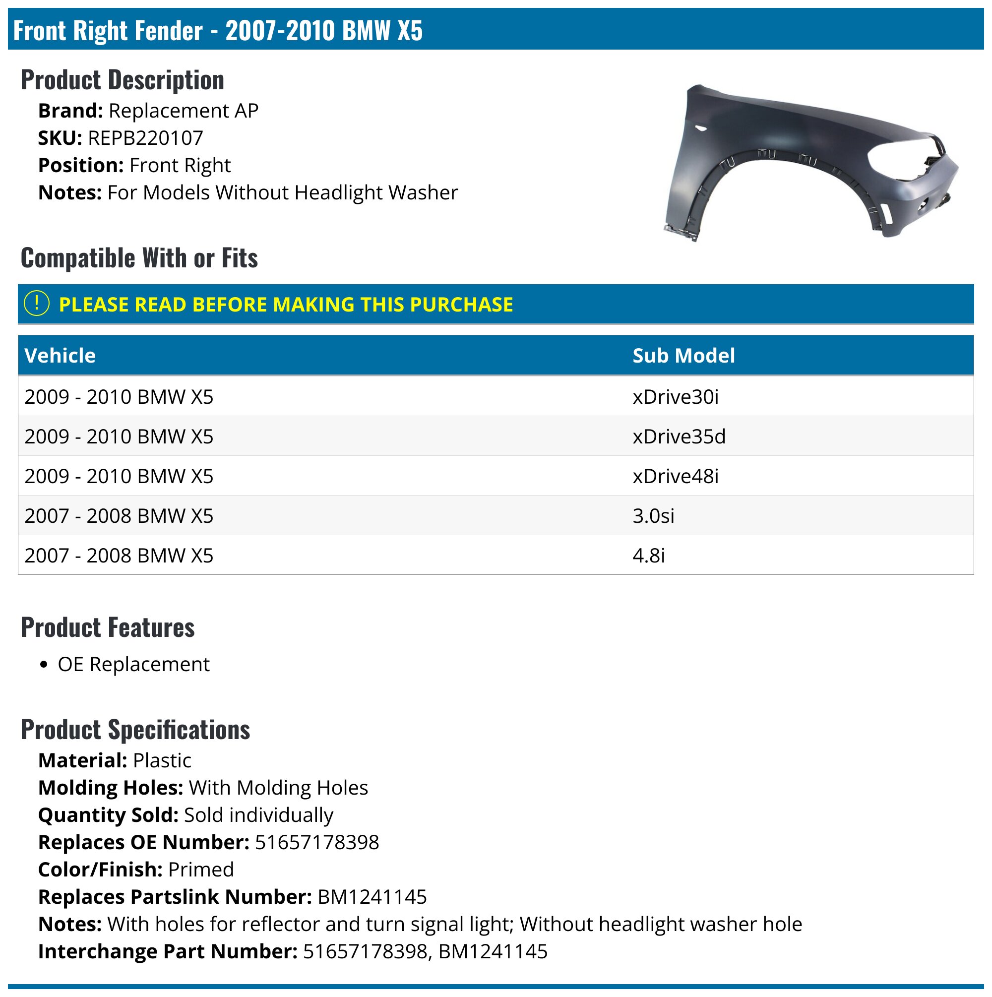 2007-2010 BMW X5 Fender - Replacement AP REPB220107 - Front Right ...