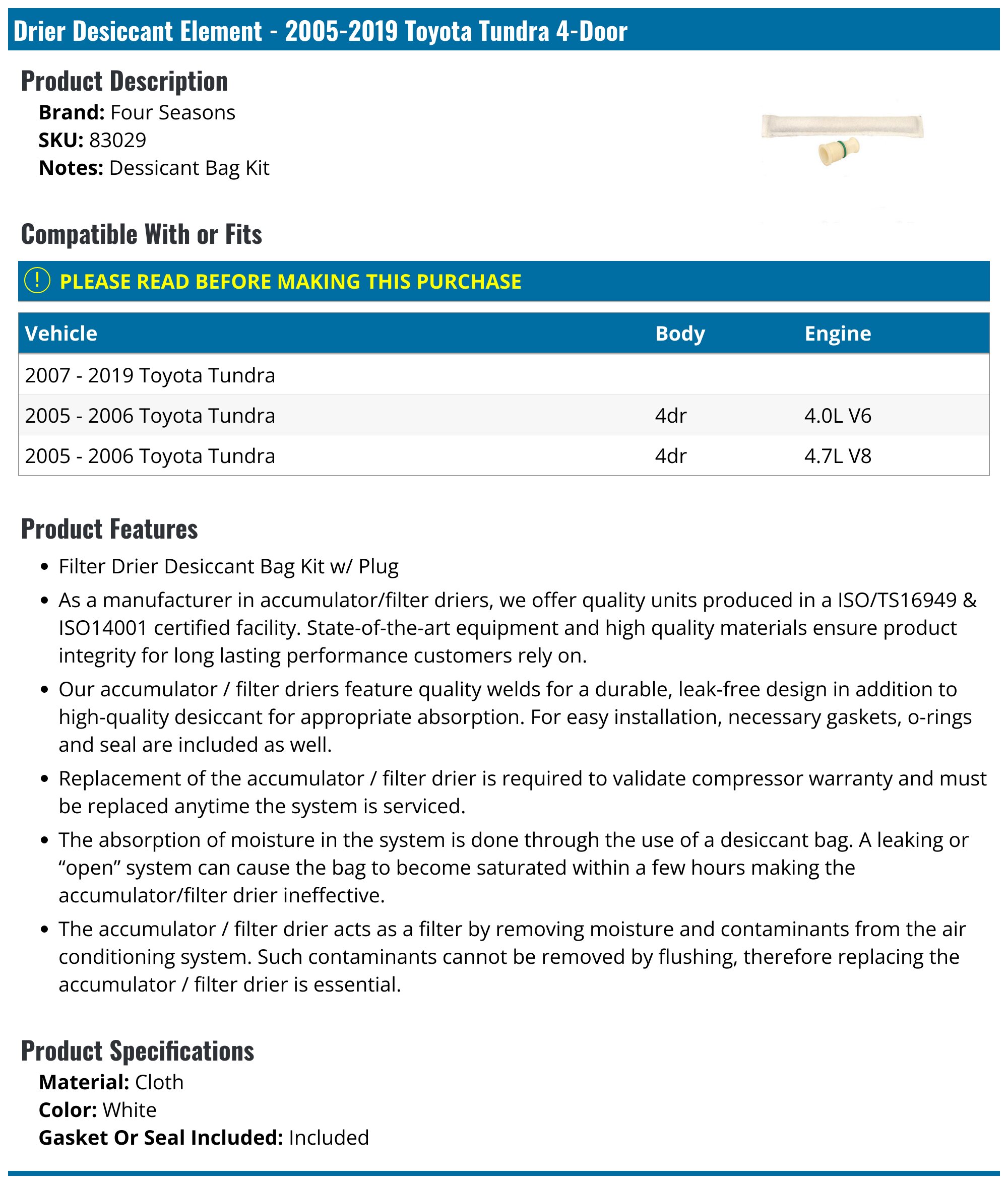 2005-2019 Toyota Tundra Drier Desiccant Element - Four Seasons 83029 ...