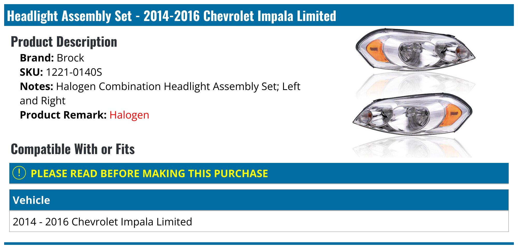 2014-2016 Chevrolet Impala Limited Headlight Assembly - Brock 1221 ...