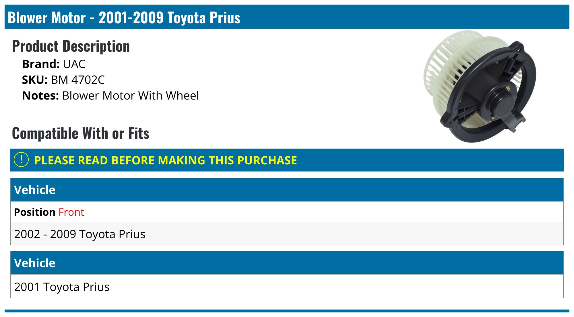 2001-2009 Toyota Prius Blower Motor - UAC BM 4702C - Front - PartsGeek.com