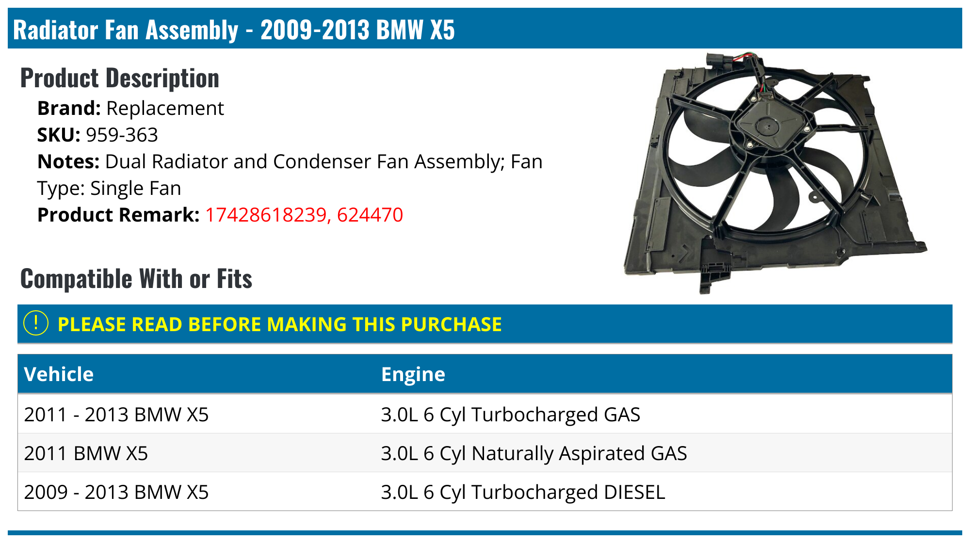 2009-2013 BMW X5 Radiator Fan Assembly - Replacement 959-363 ...