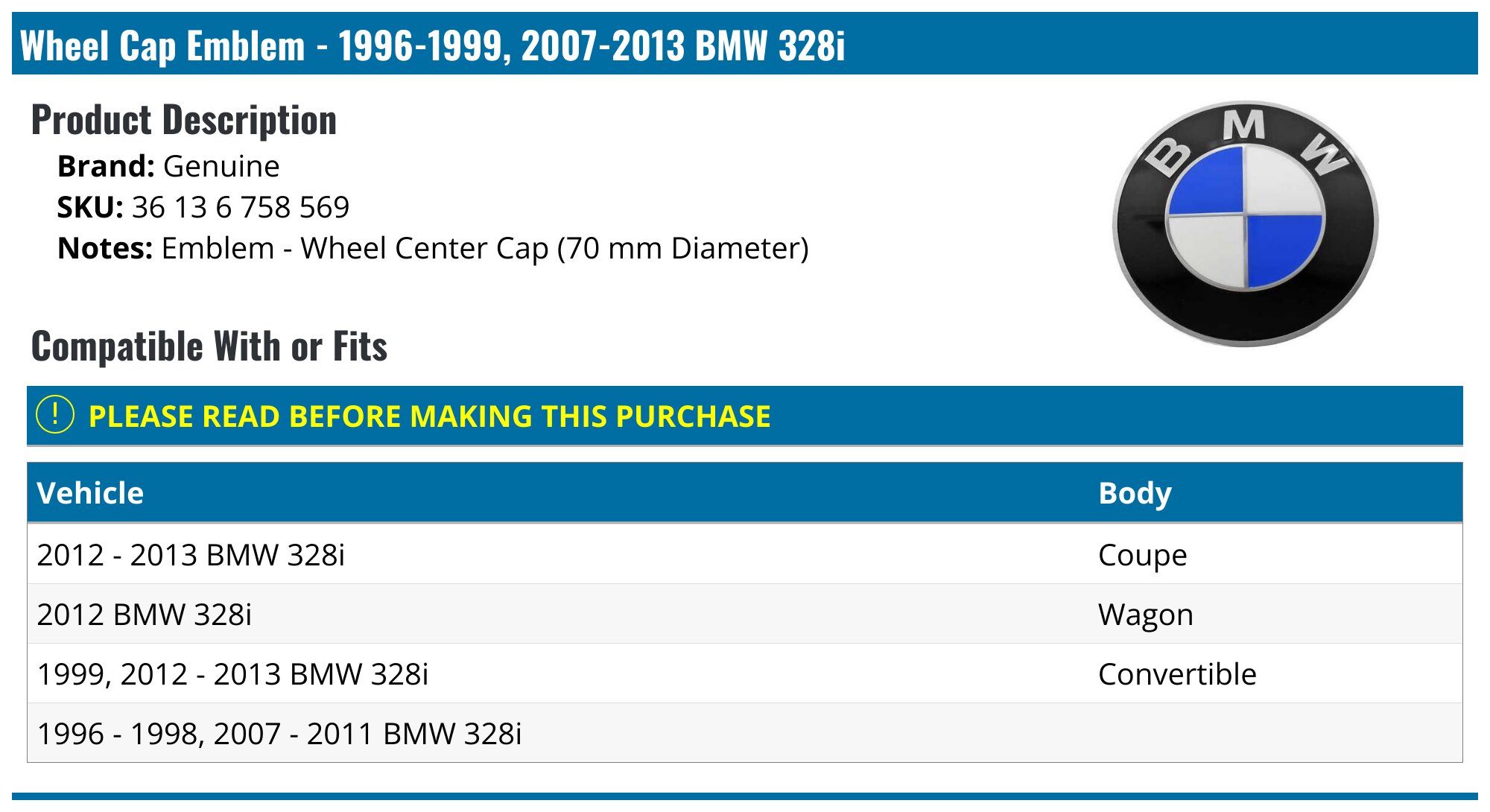 1996-1999, 2007-2013 BMW 328i Wheel Cap Emblem - Genuine 36 13 6 758 ...