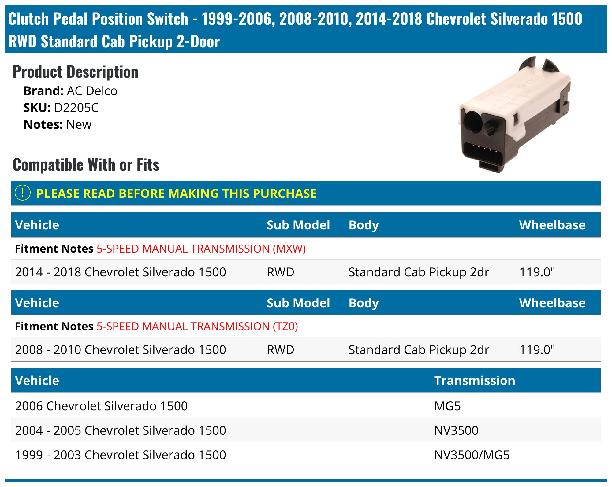 1999-2006, 2008-2010, 2014-2018 Chevrolet Silverado 1500 Clutch Pedal ...