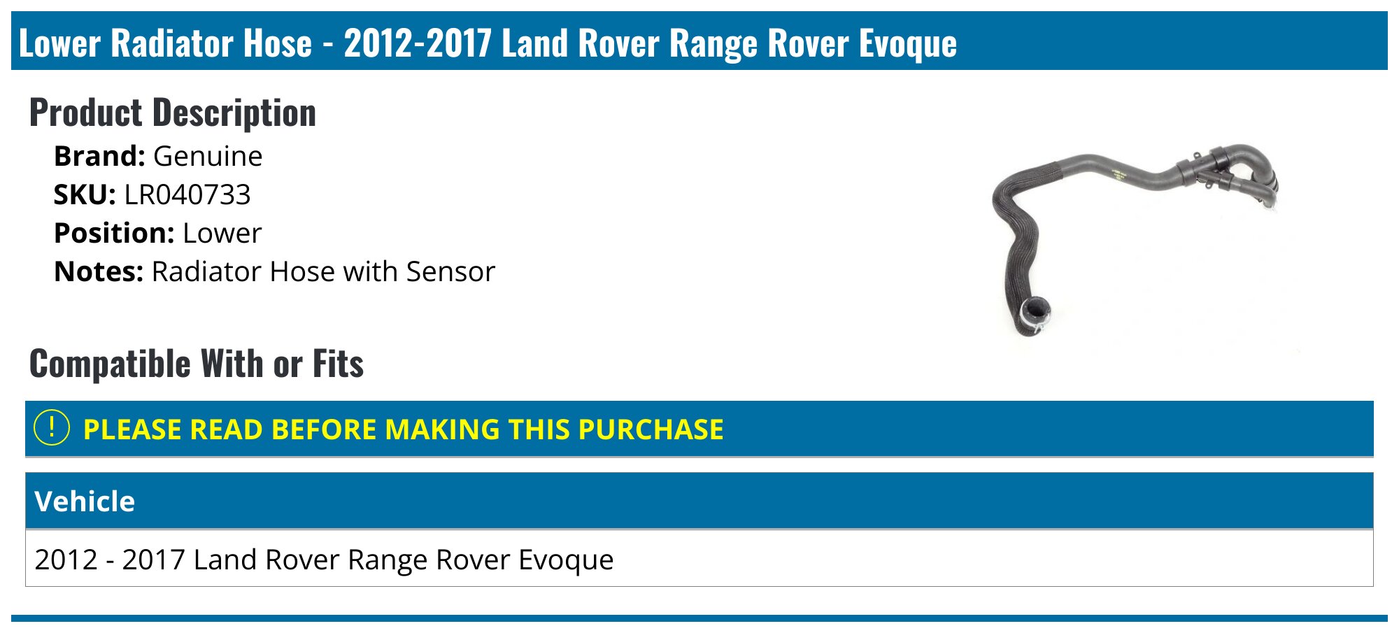 2012-2017 Land Rover Range Rover Evoque Radiator Hose - Genuine ...