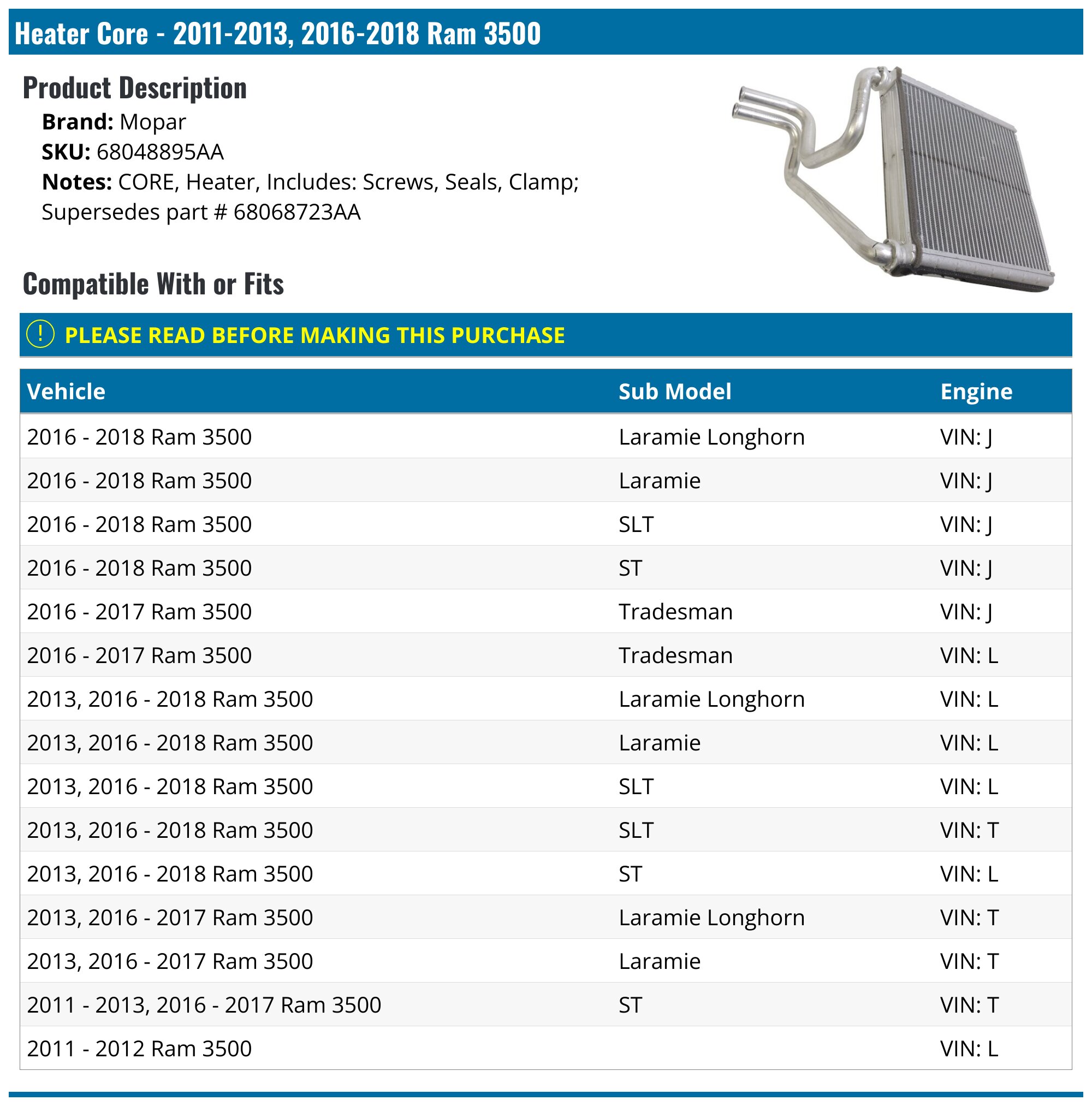 2011-2013, 2016-2018 Ram 3500 Heater Core - Mopar 68048895AA ...