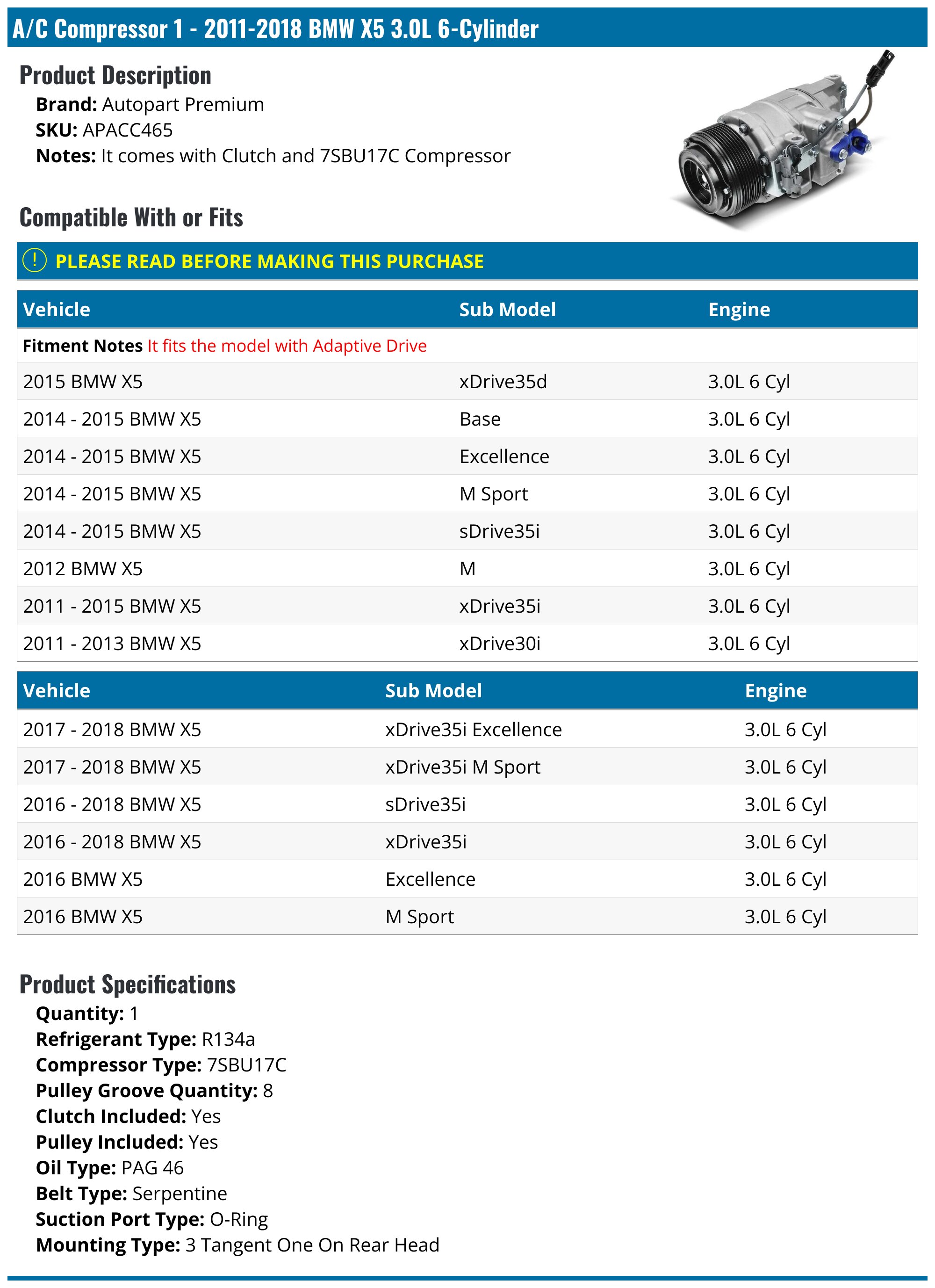 2011-2018 BMW X5 A/C Compressor - Autopart Premium APACC465 - PartsGeek.com