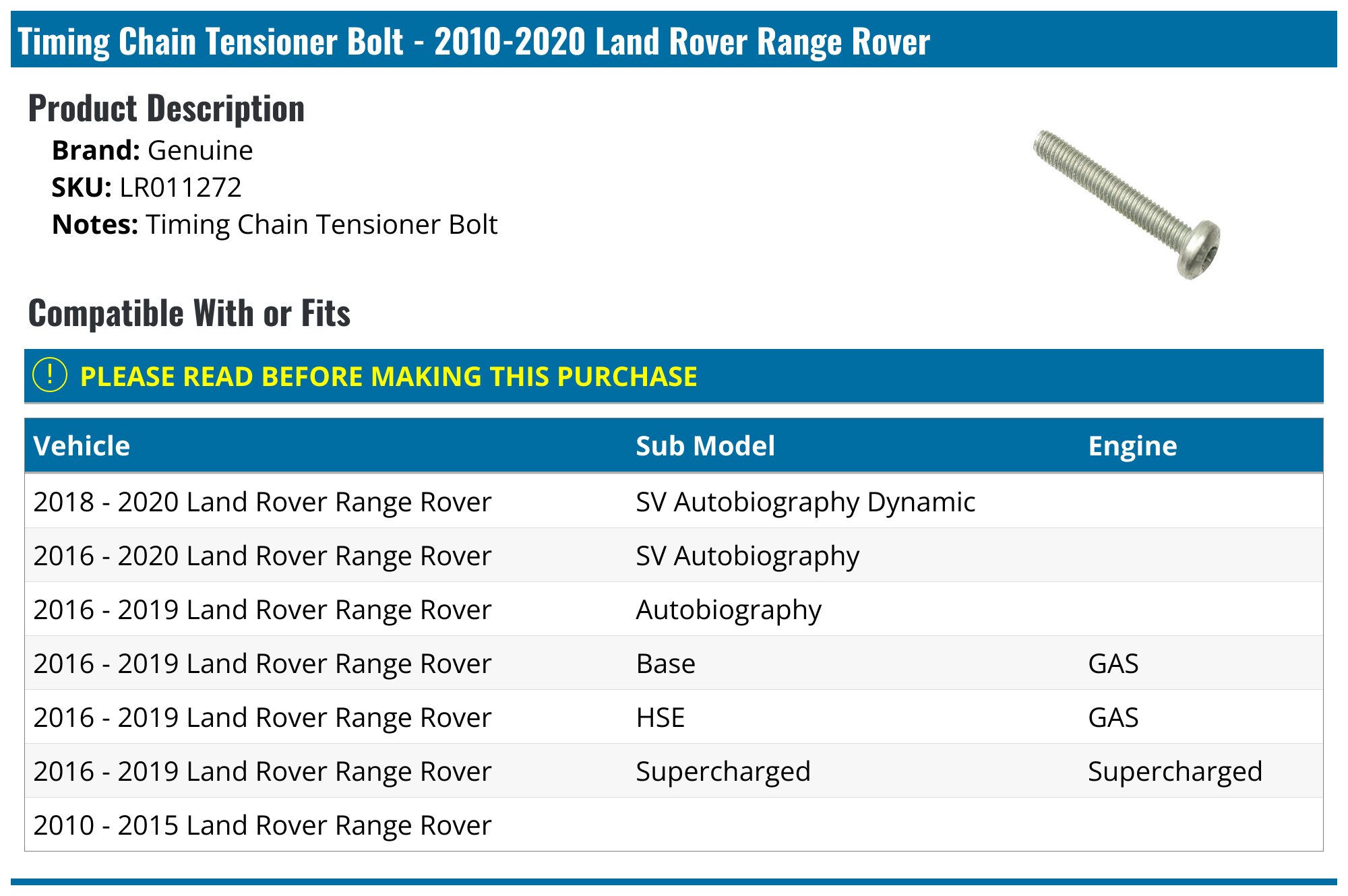 2010-2020 Land Rover Range Rover Timing Chain Tensioner Bolt - Genuine ...
