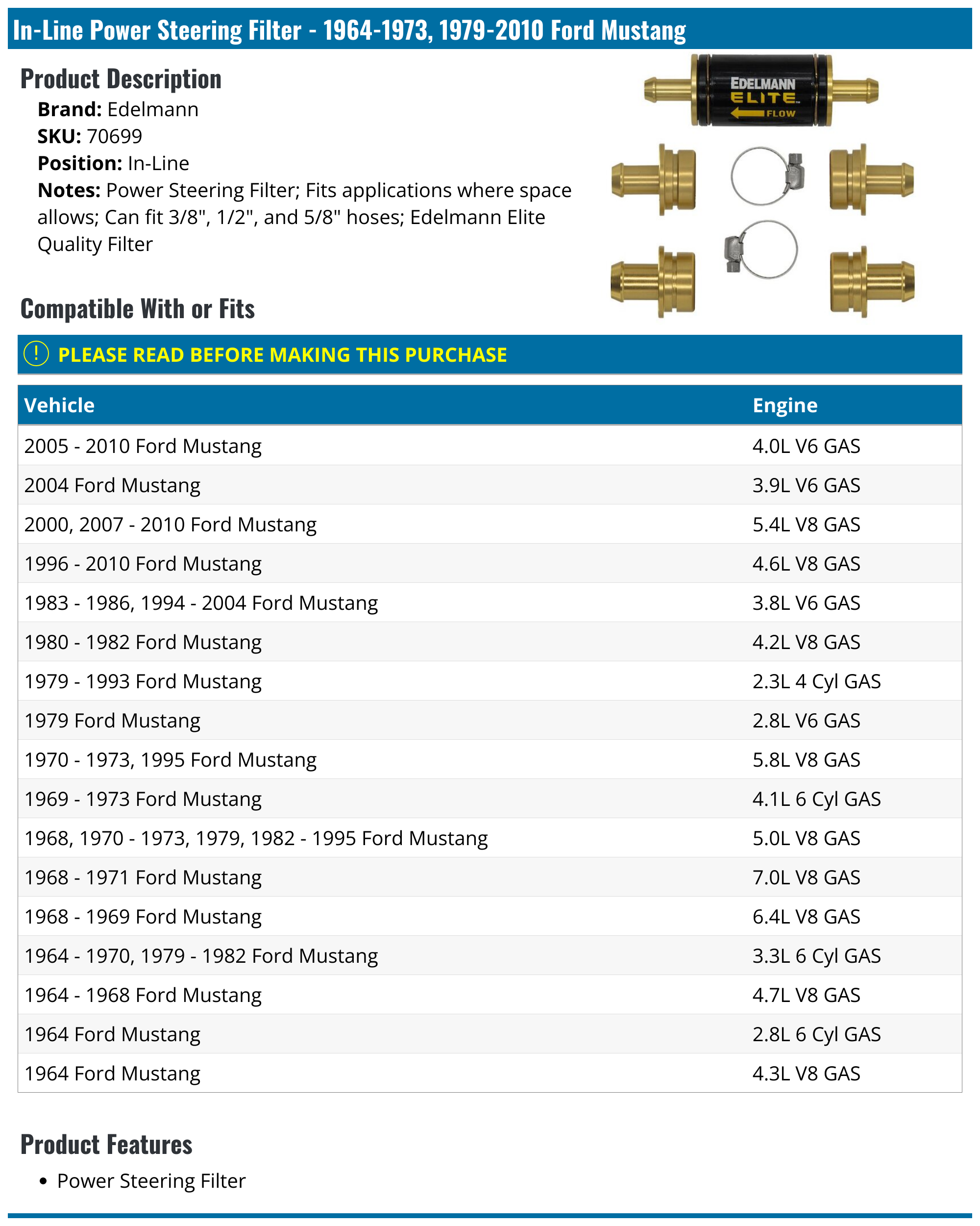 1964-1973, 1979-2010 Ford Mustang Power Steering Filter - Edelmann ...