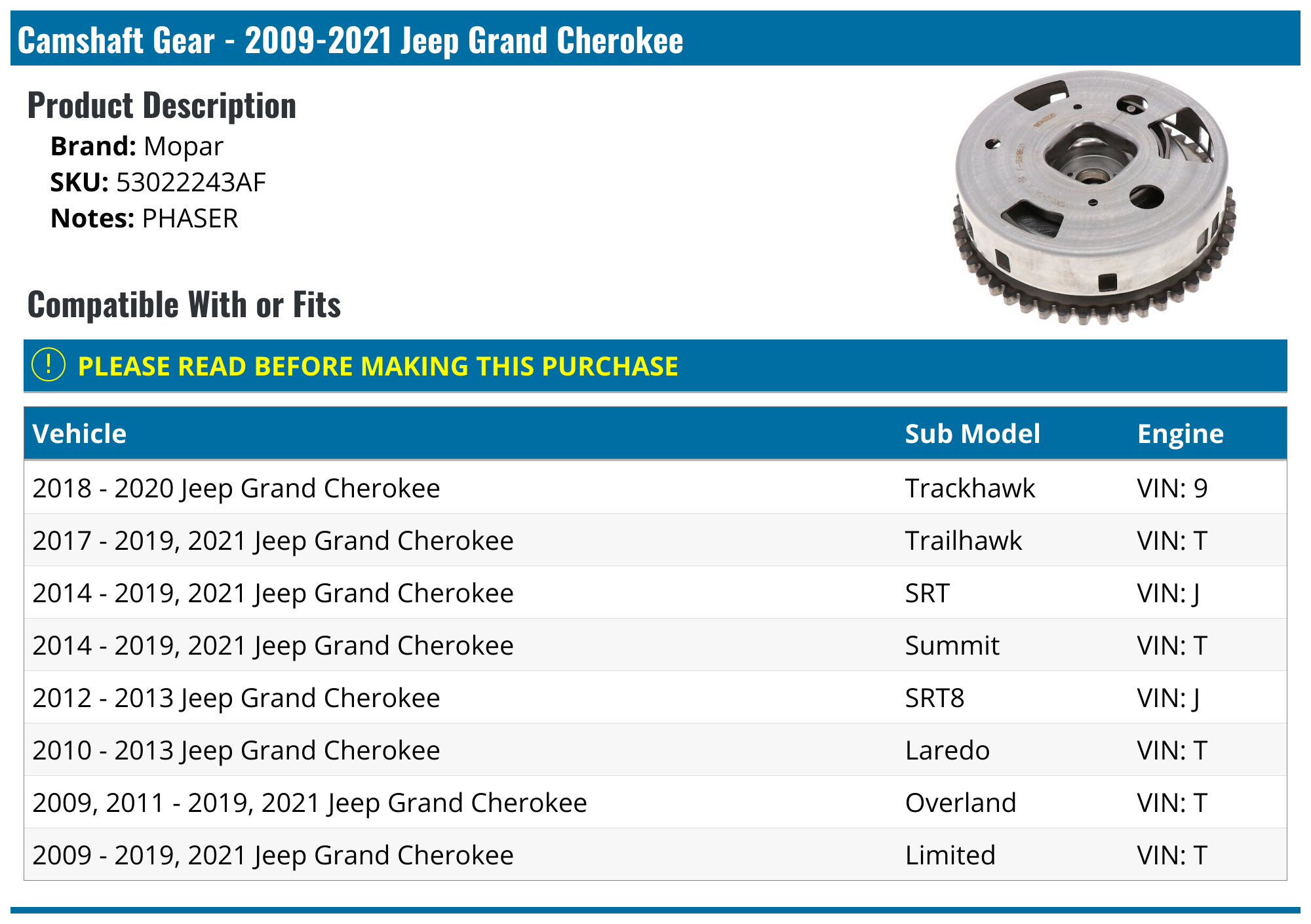 2009-2020 Jeep Grand Cherokee Camshaft Gear - Mopar 53022243AF ...
