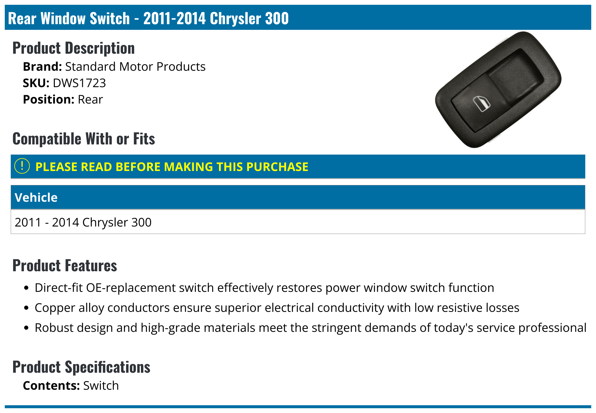 2011-2014 Chrysler 300 Window Switch - Standard Motor Products DWS1723 ...