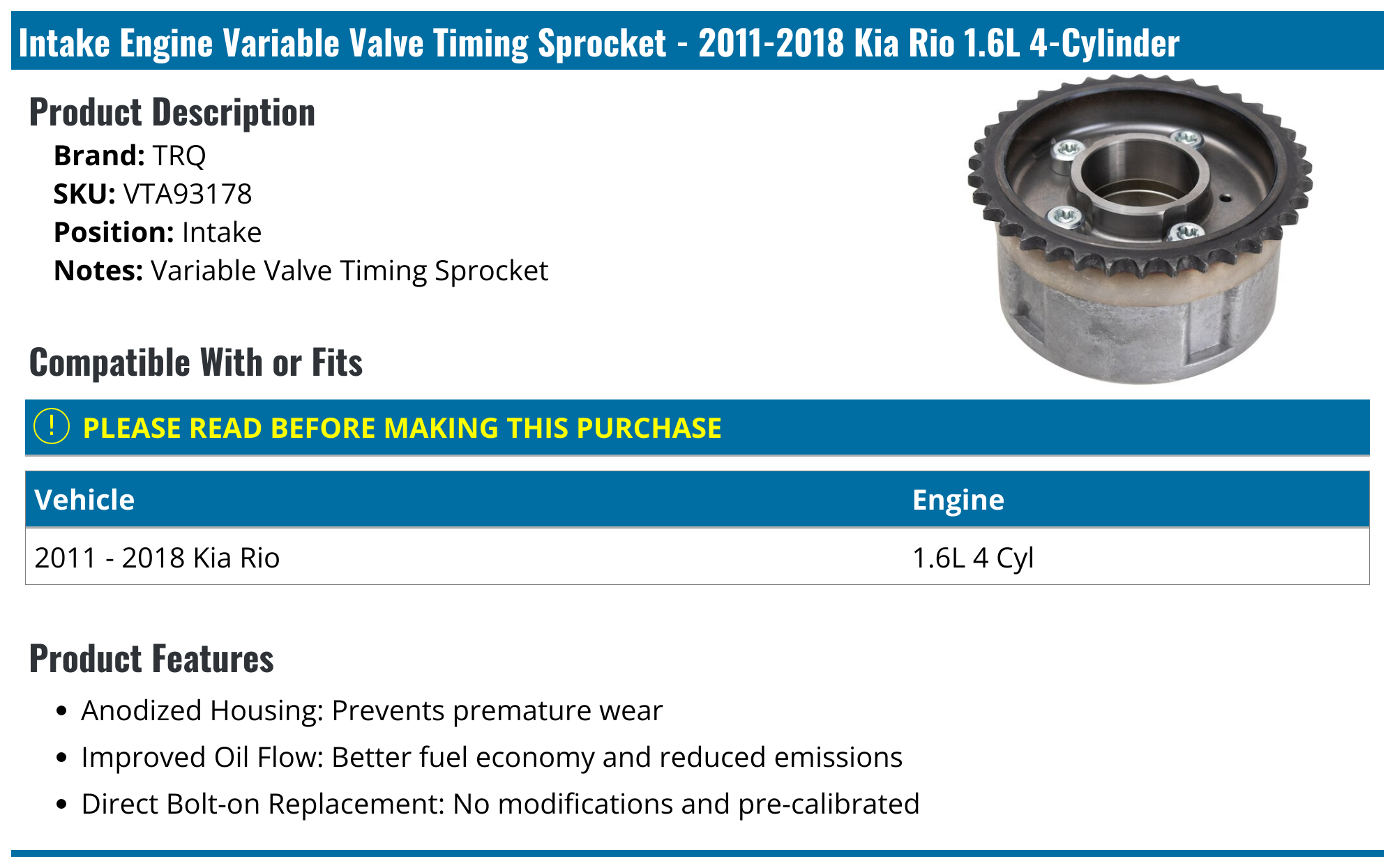 2012-2019 Kia Rio Engine Variable Valve Timing Sprocket - TRQ VTA93178 ...
