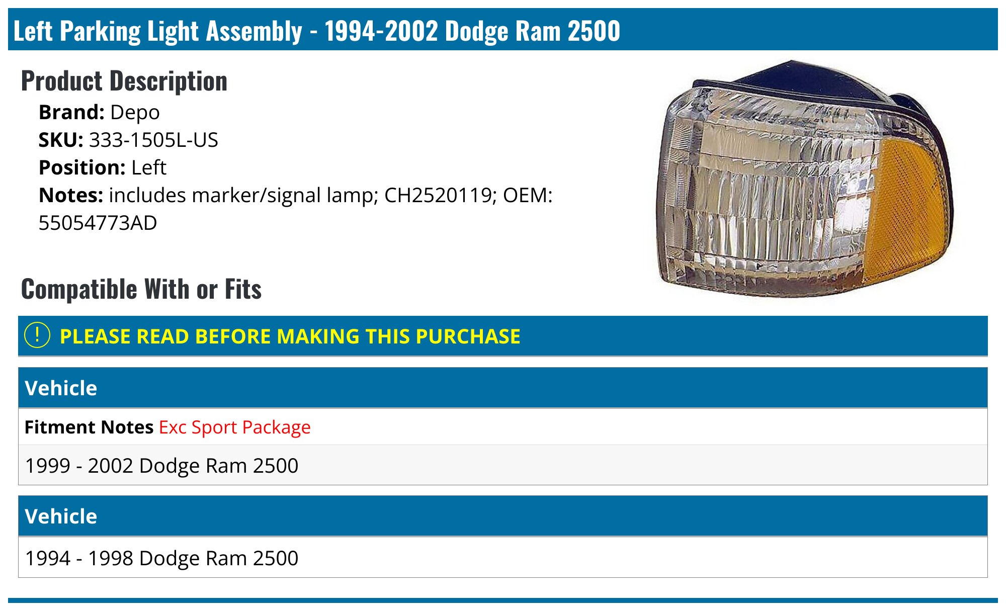 1994-2002 Dodge Ram 2500 Parking Light - Depo 333-1505L-US - Left ...