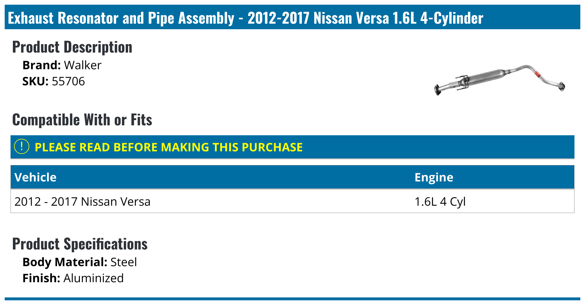 2012-2017 Nissan Versa Exhaust Resonator - Walker 55706 - - PartsGeek.com