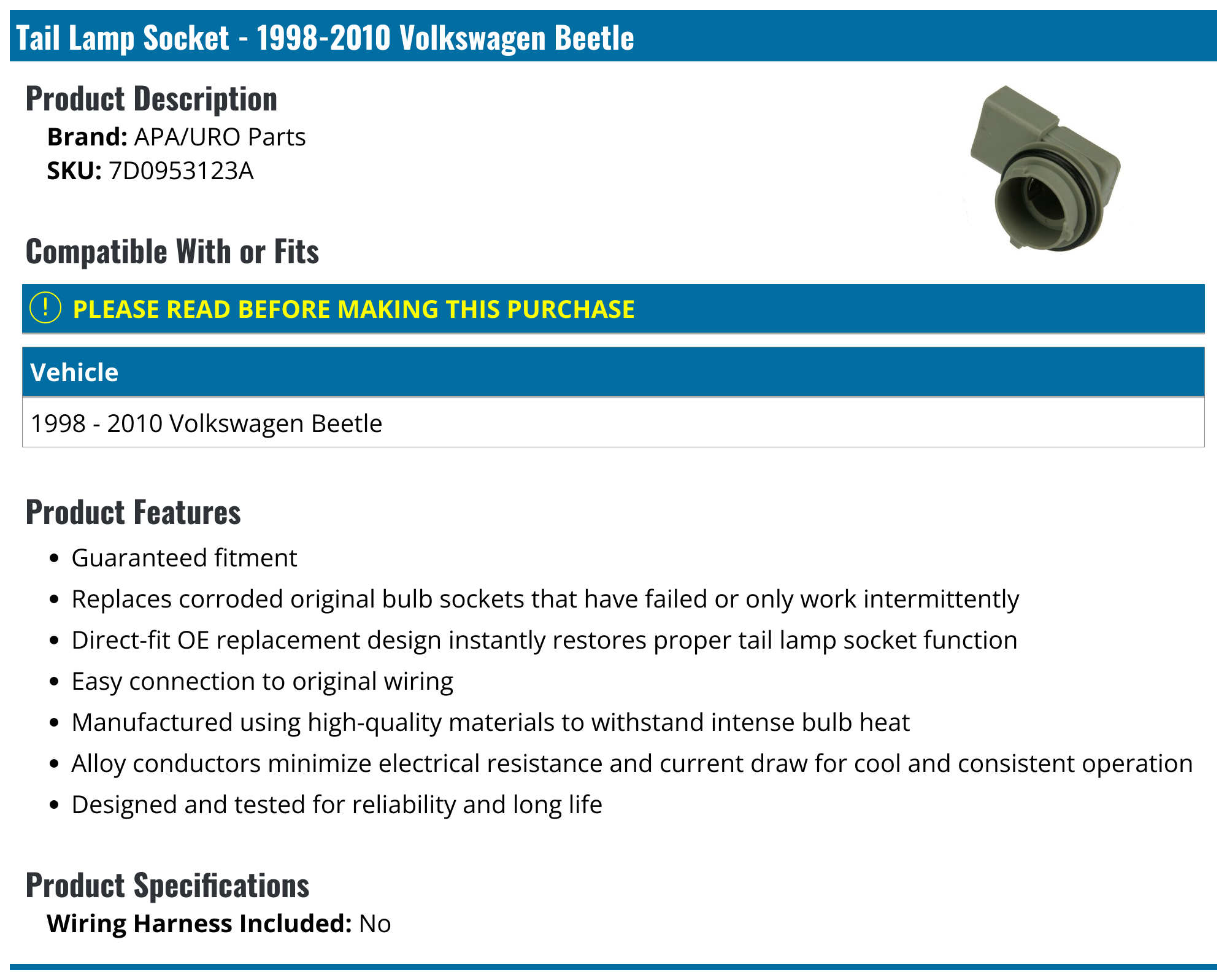 1998-2010 Volkswagen Beetle Tail Lamp Socket - APA/URO Parts 7D0953123A ...