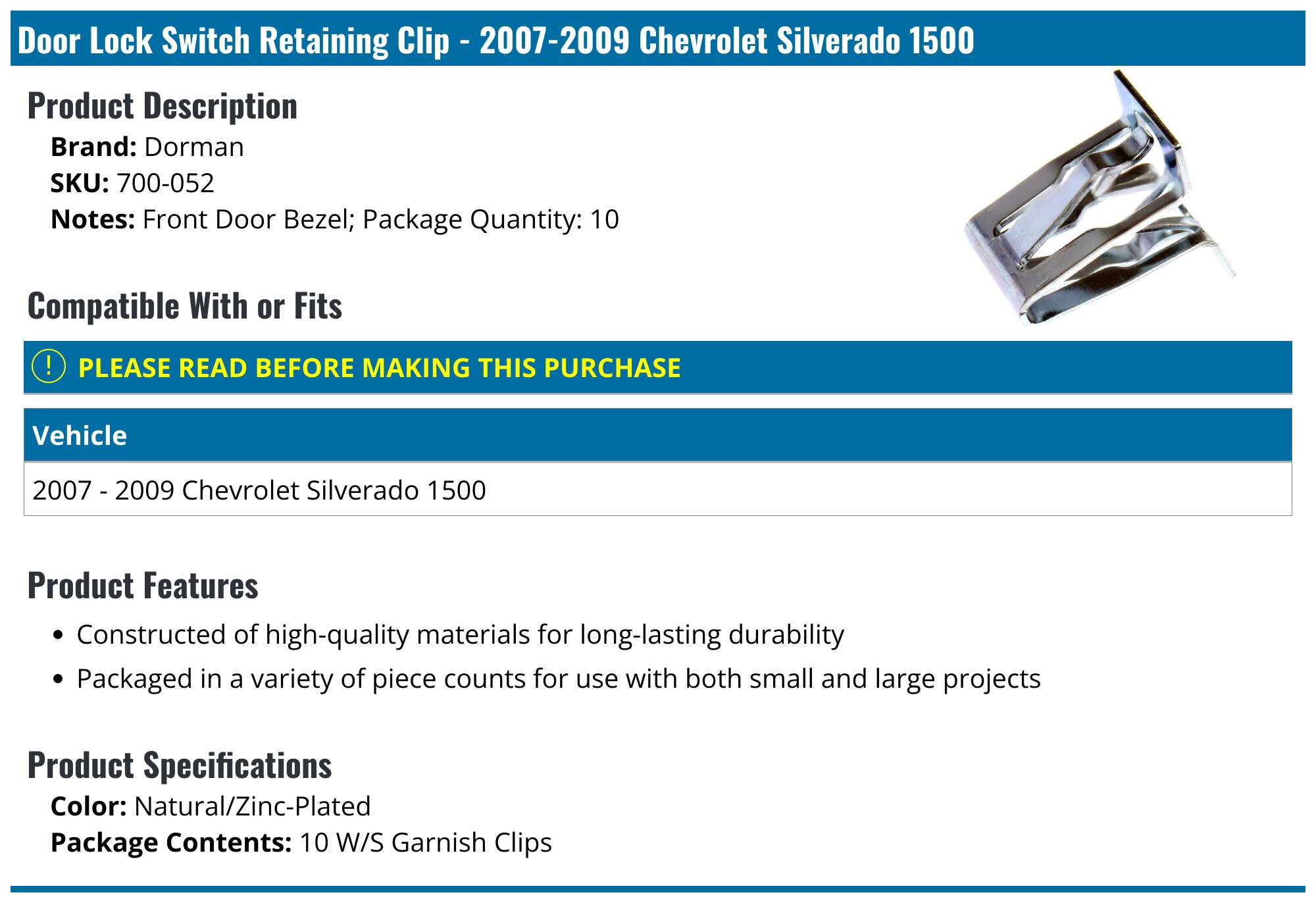 2007-2009 Chevrolet Silverado 1500 Door Lock Switch Retaining Clip ...