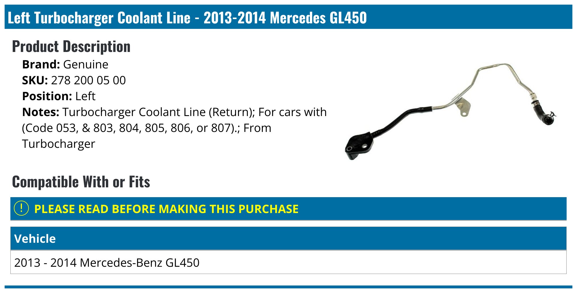 2013-2014 Mercedes GL450 Turbocharger Coolant Line - Genuine 278 200 05 ...