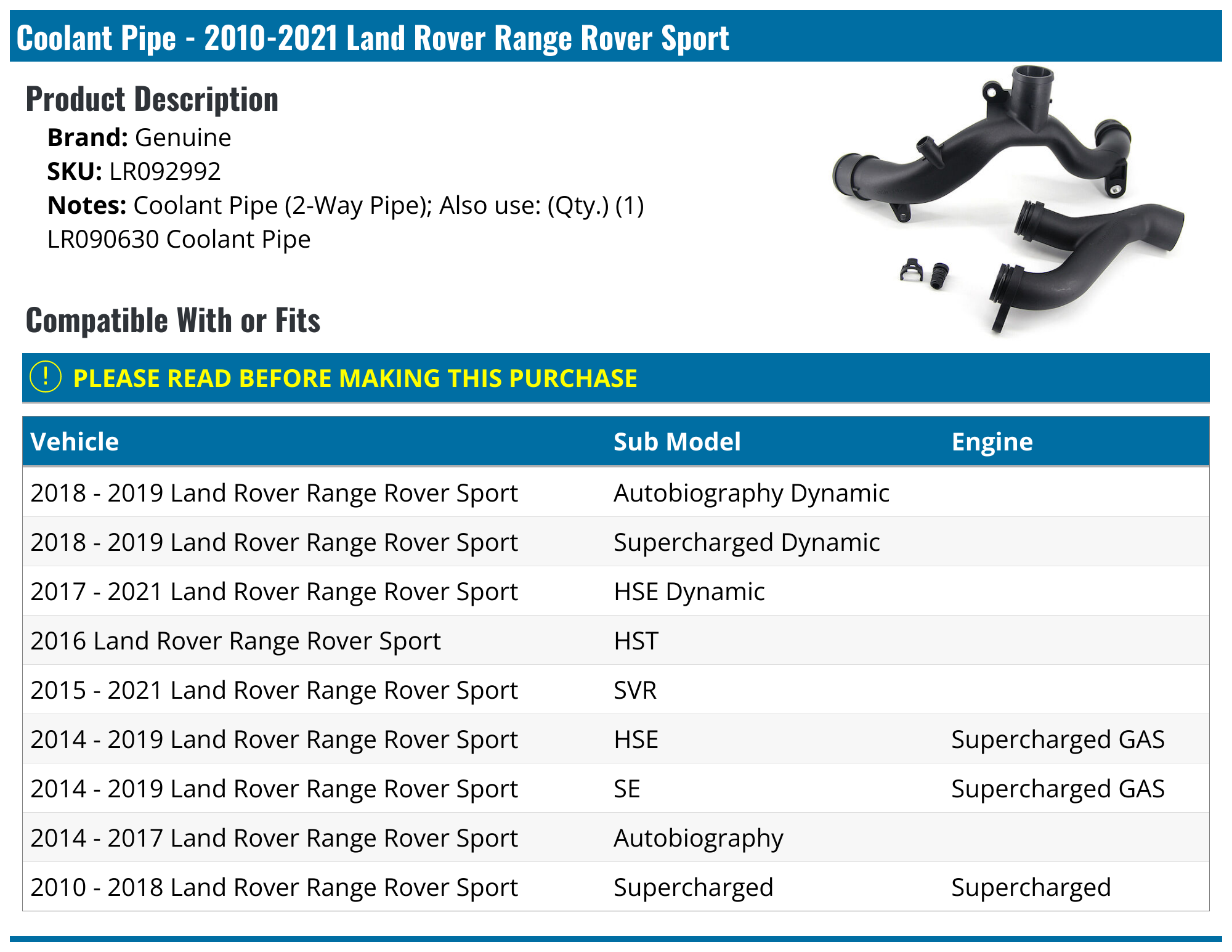 2010-2021 Land Rover Range Rover Sport Coolant Pipe - Genuine LR092992 ...