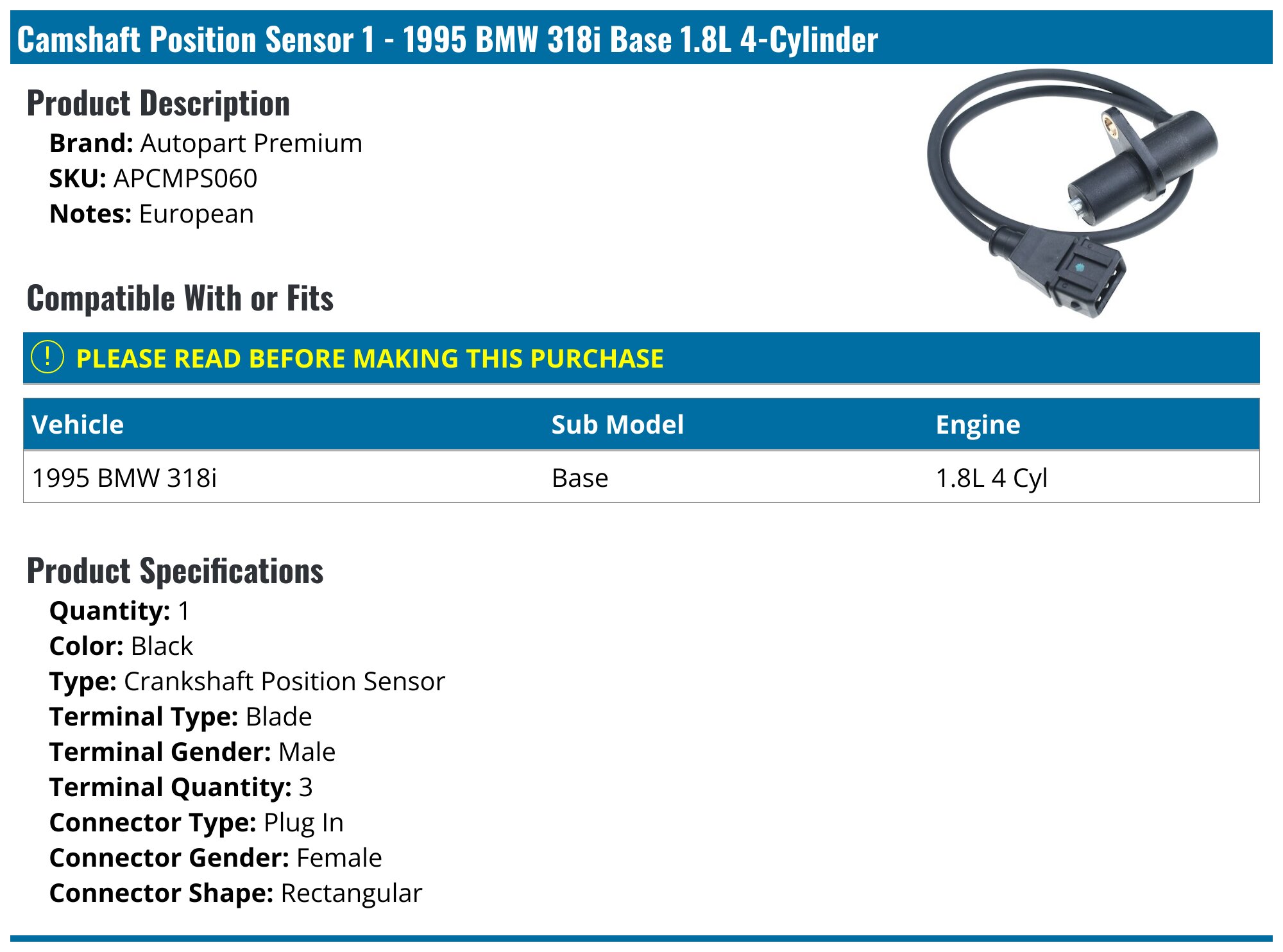 1995 BMW 318i Crank Position Sensor - Autopart Premium APCMPS060 ...
