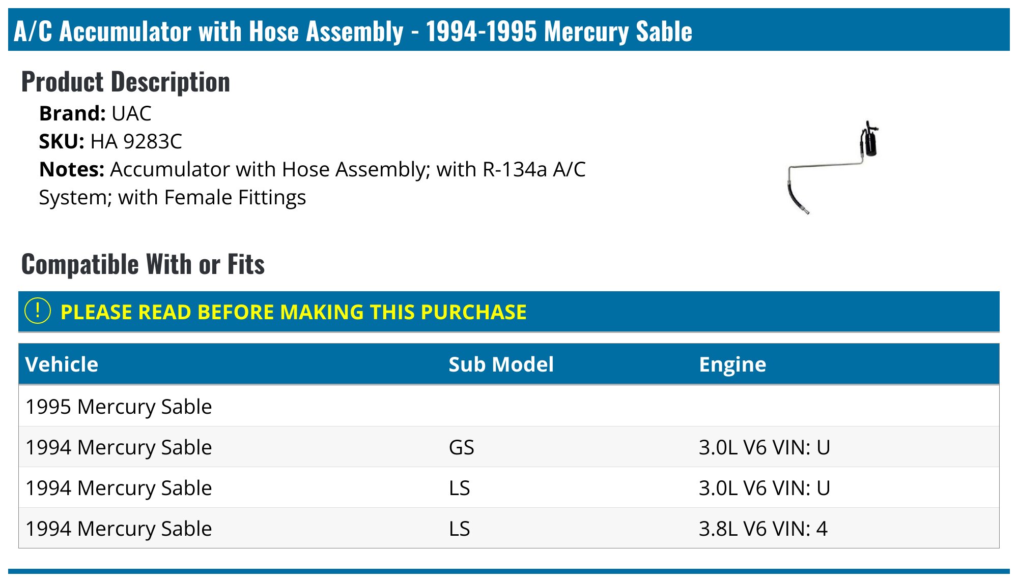 1994-1995 Mercury Sable A/C Accumulator - UAC HA 9283C - PartsGeek.com