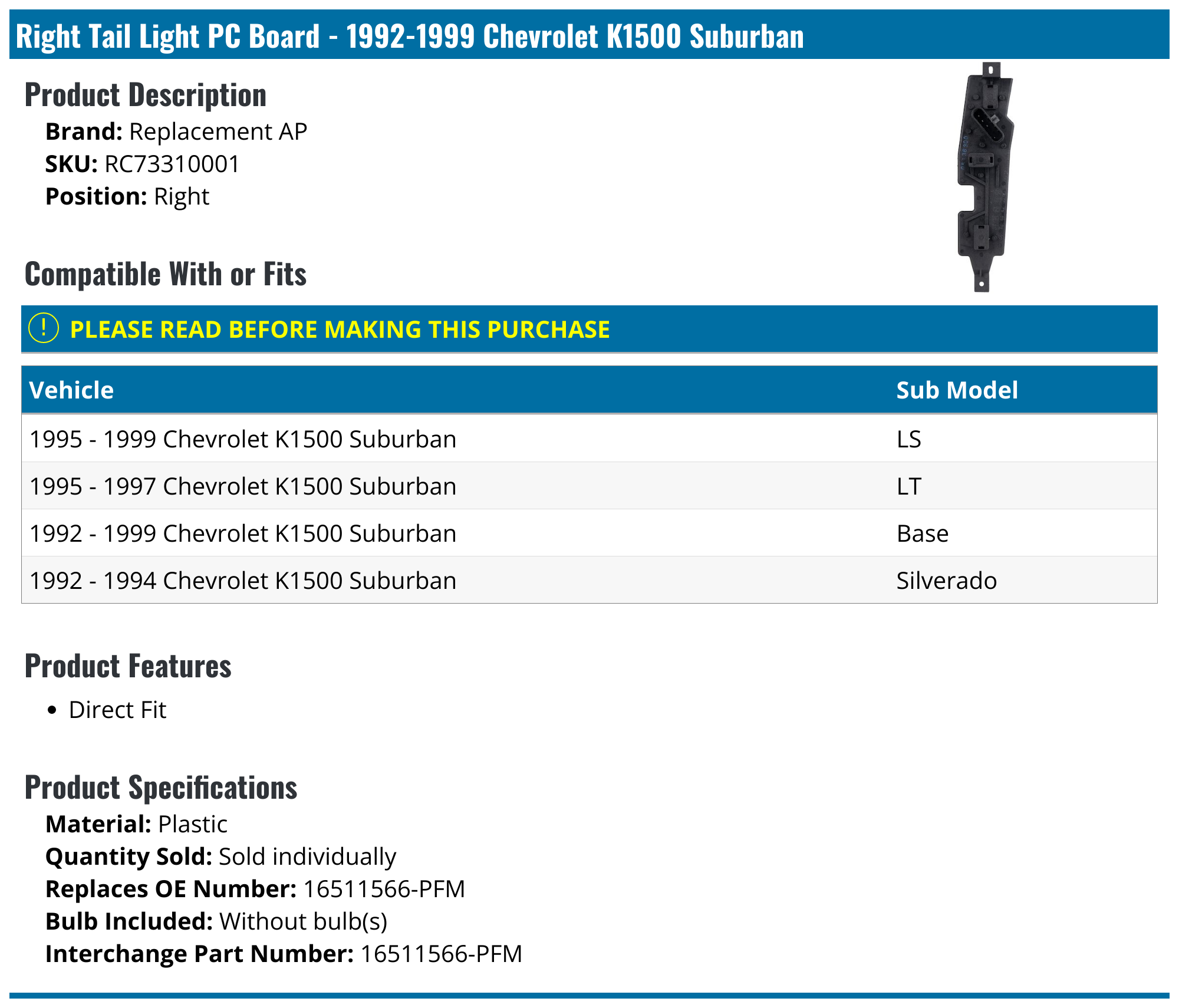 1992-1999 Chevrolet K1500 Suburban Tail Light PC Board - Replacement AP ...